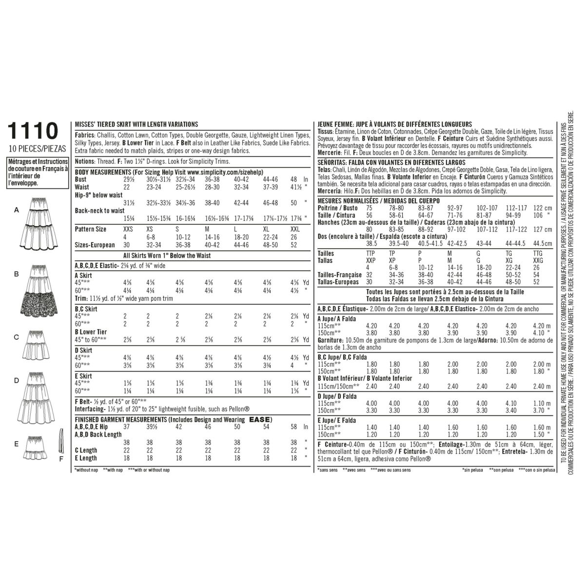 Simplicity Sewing Pattern 1110 Misses’ Tiered Skirt with Length ...