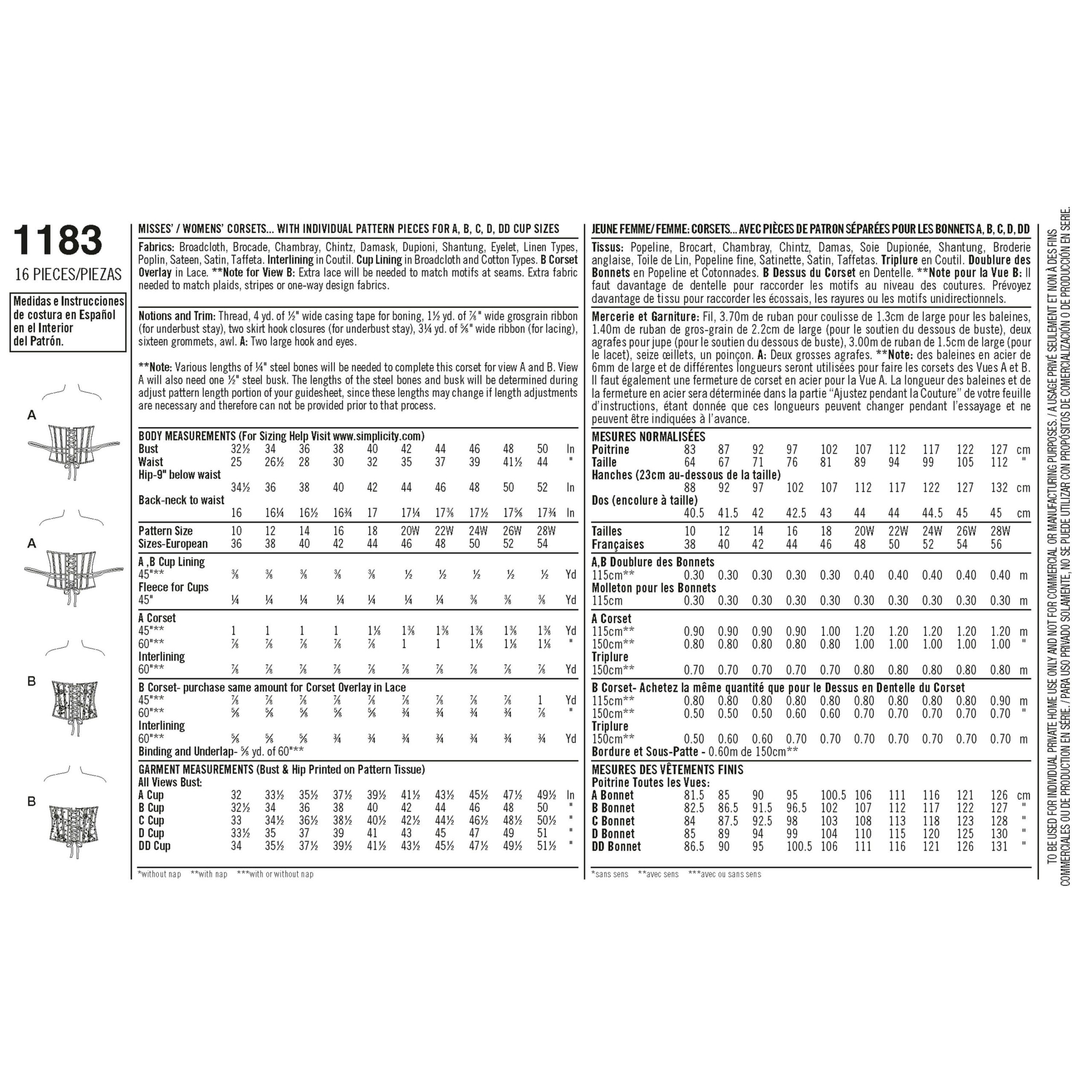 Simplicity Sewing Pattern 1183 Misses’ and Plus Size Corsets - Sewdirect