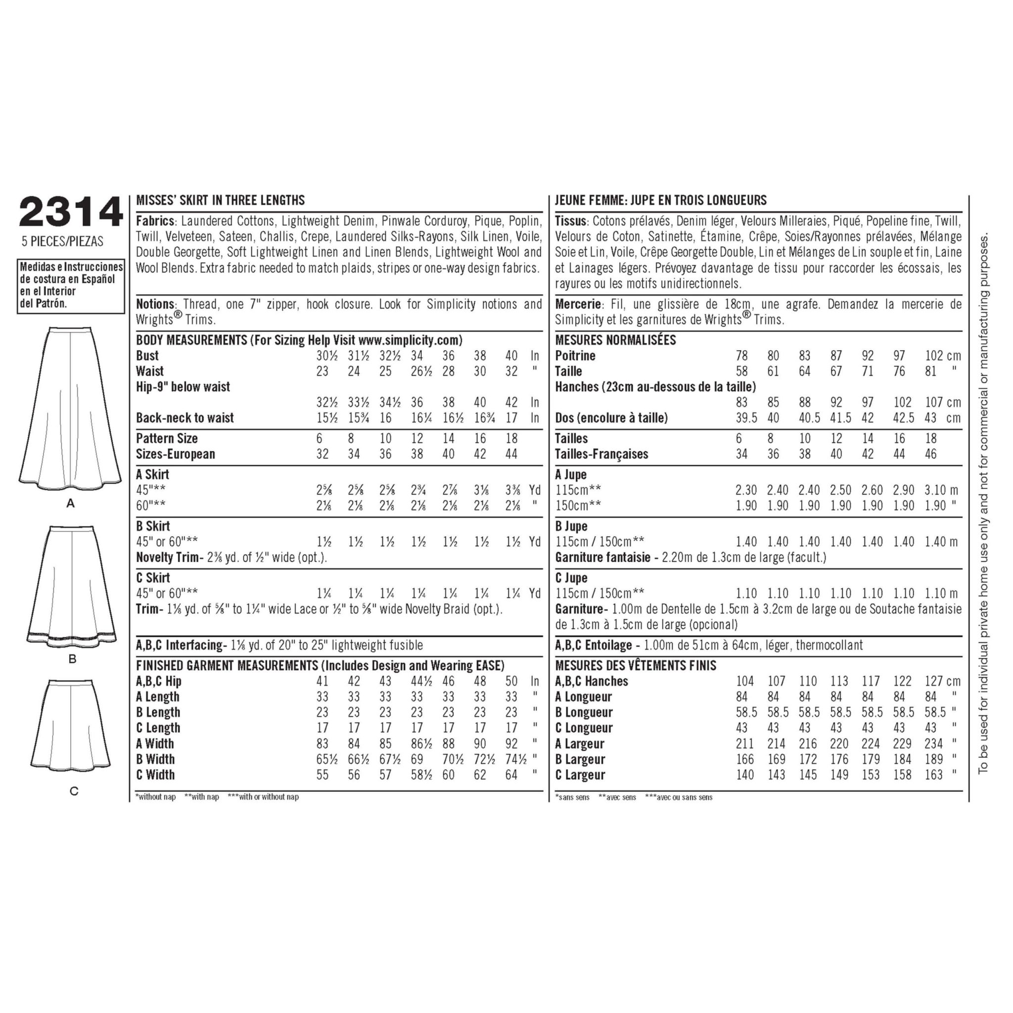Simplicity Sewing Pattern 2314 Misses’ Skirts - Sewdirect