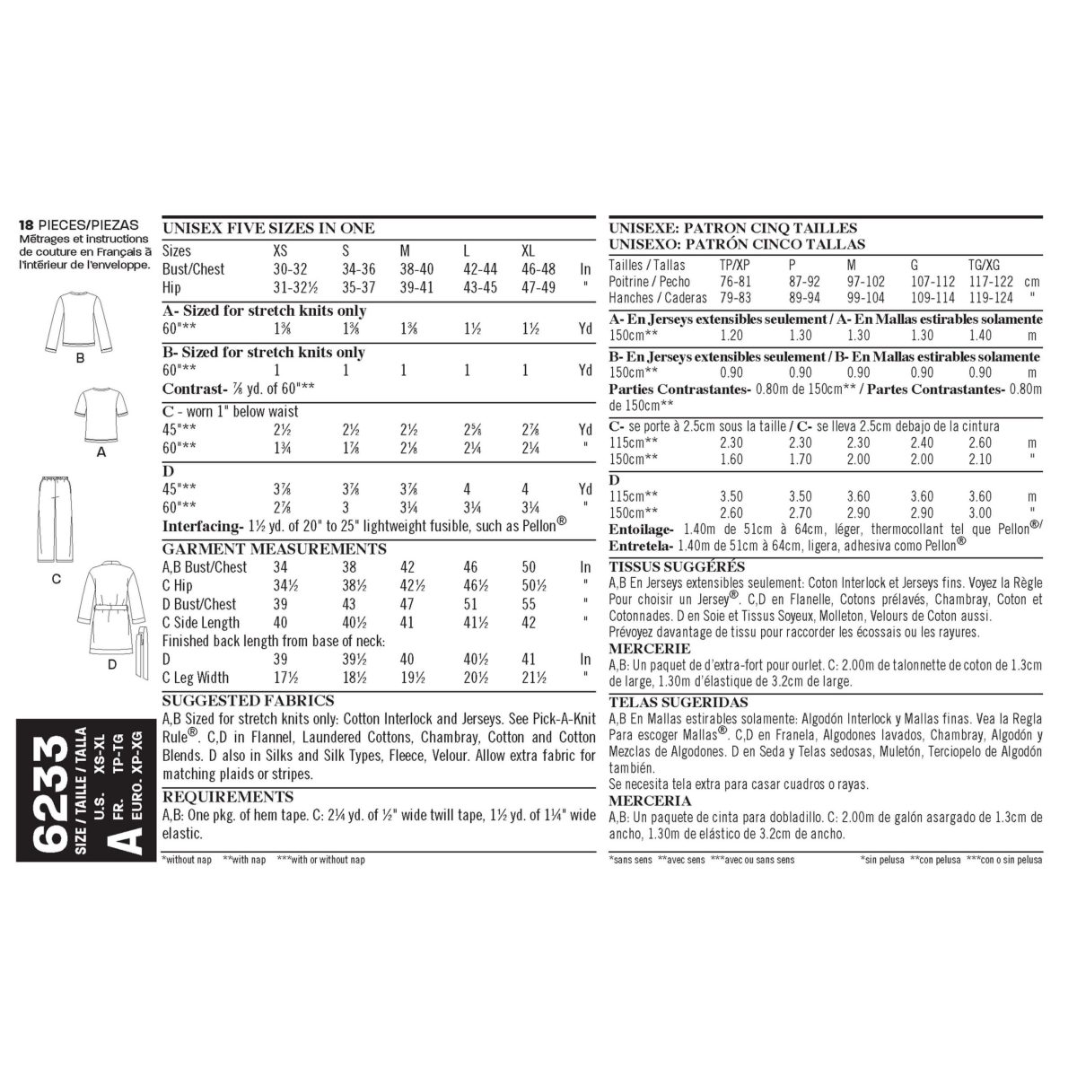 New Look Sewing Pattern N6233 Unisex Trousers, Robe and Knit Tops ...