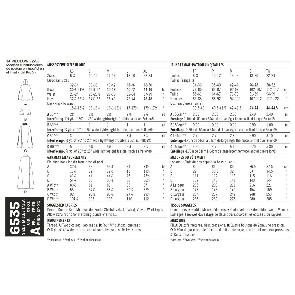 New Look Pattern 6535 Misses’ Capes in Four Lengths - Sewdirect