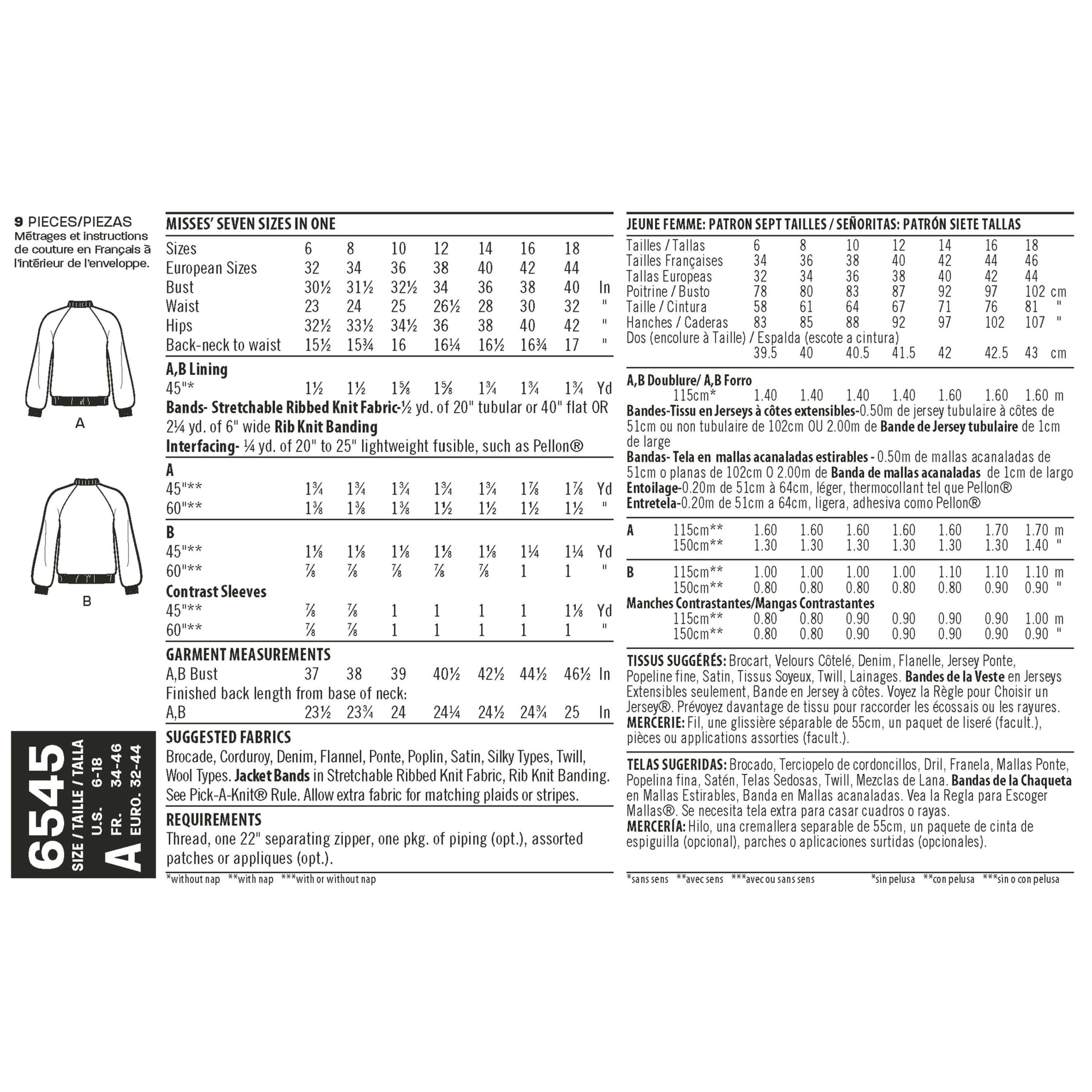 New Look Pattern 6545 Misses Flight Jacket - Sewdirect