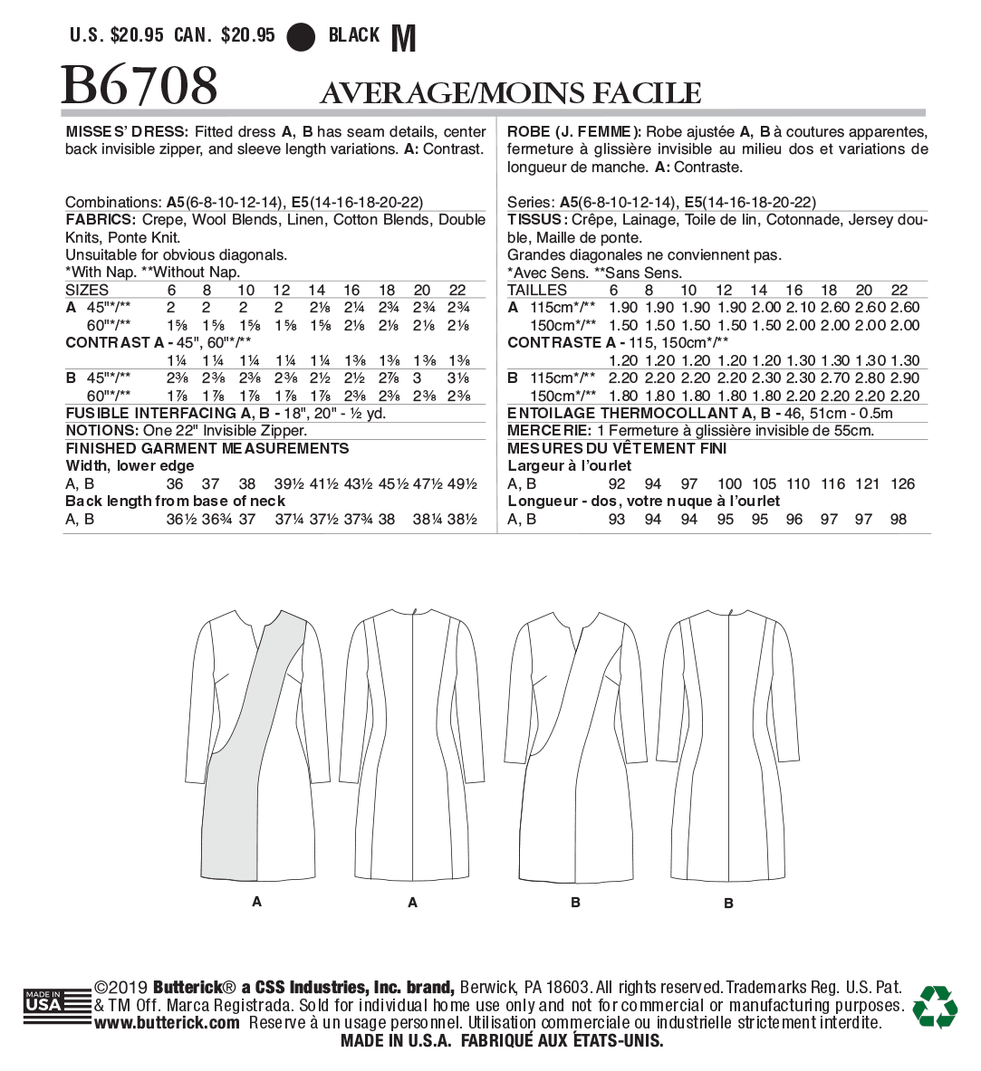Butterick B6708 Sewing Pattern Misses’ Dress by Lisette - Sewdirect