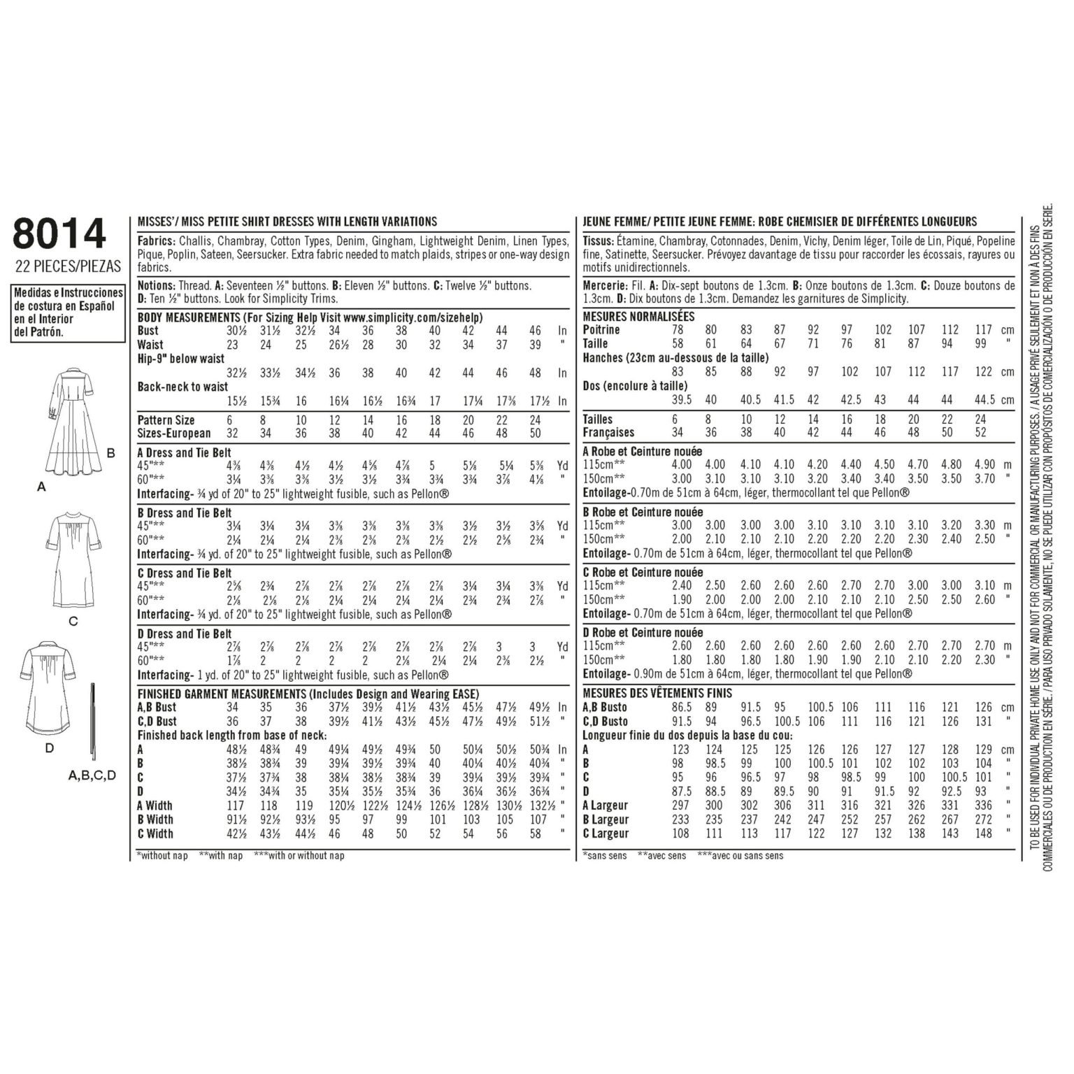 Simplicity Sewing Pattern 8014 Misses’ Shirt Dress - Sewdirect