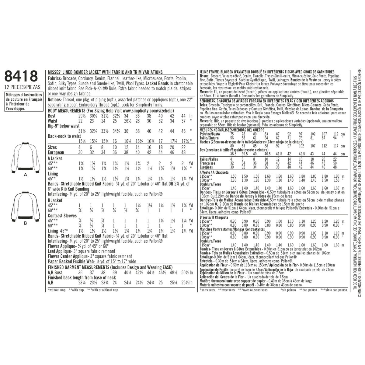 Simplicity Pattern 8418 Misses’ Lined Bomber Jacket with Fabric & Trim ...