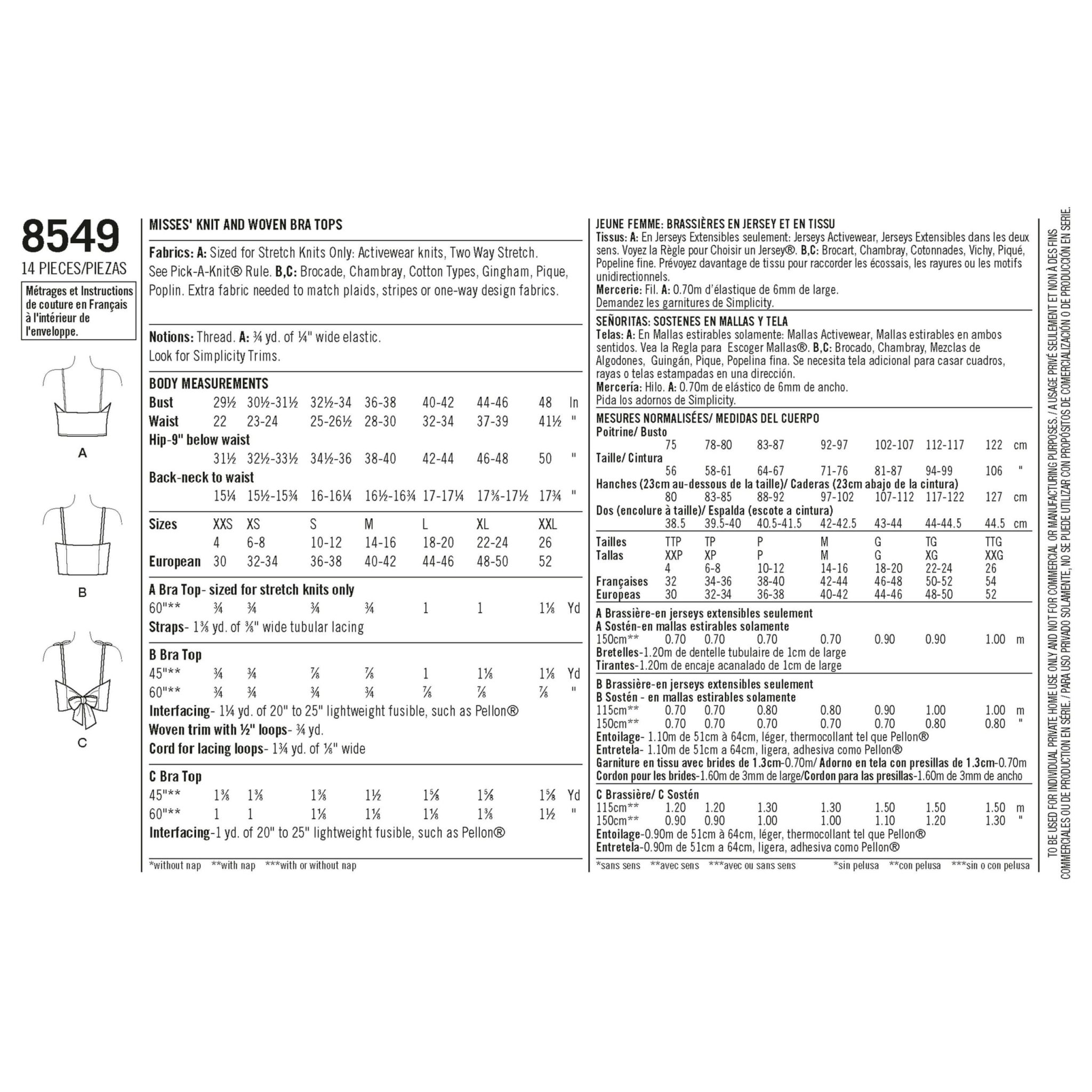 Simplicity Pattern 8549 Misses’ Bra Tops - Sewdirect