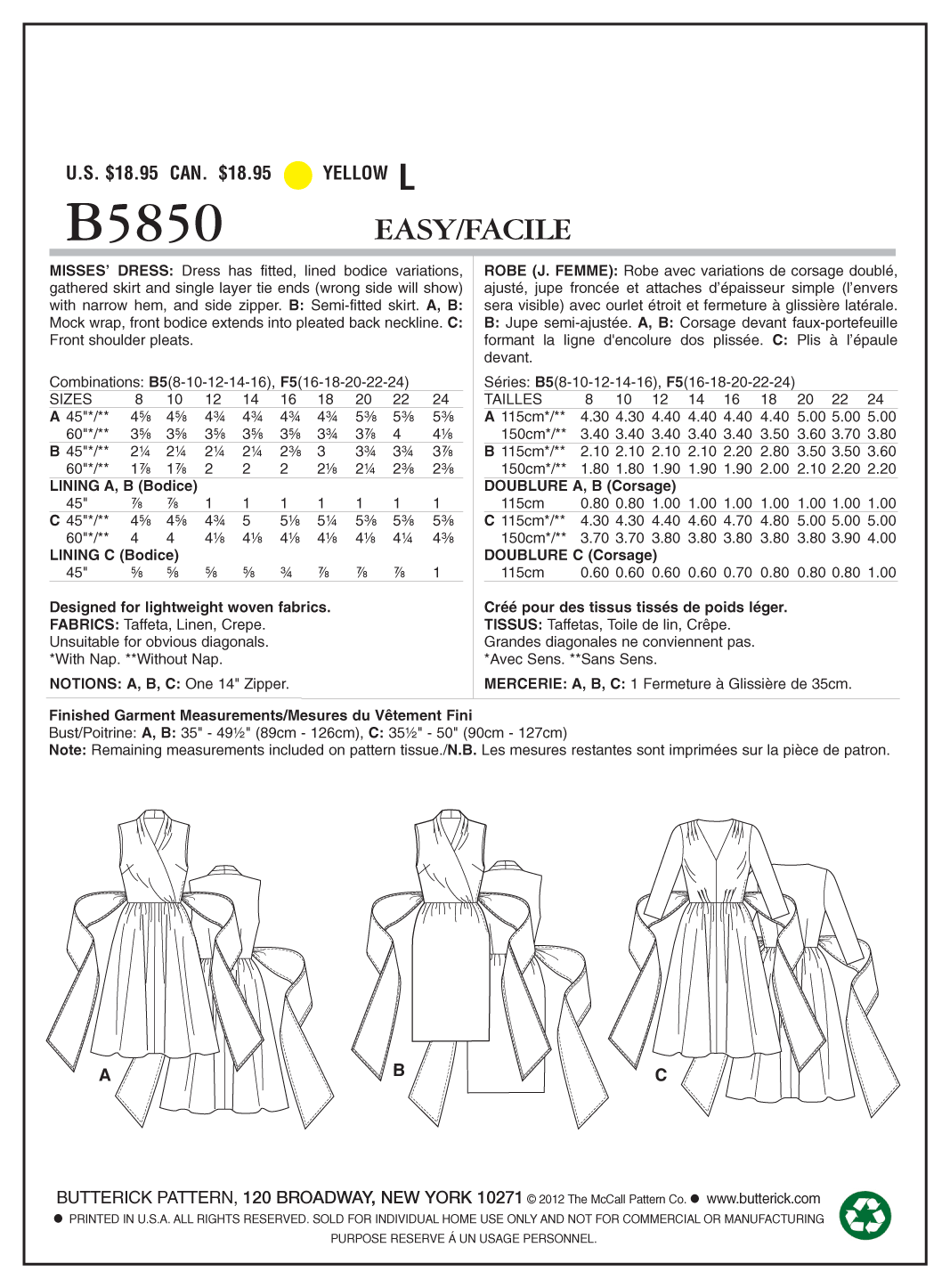 Butterick Sewing Pattern B5850 Misses’ Dress - Sewdirect