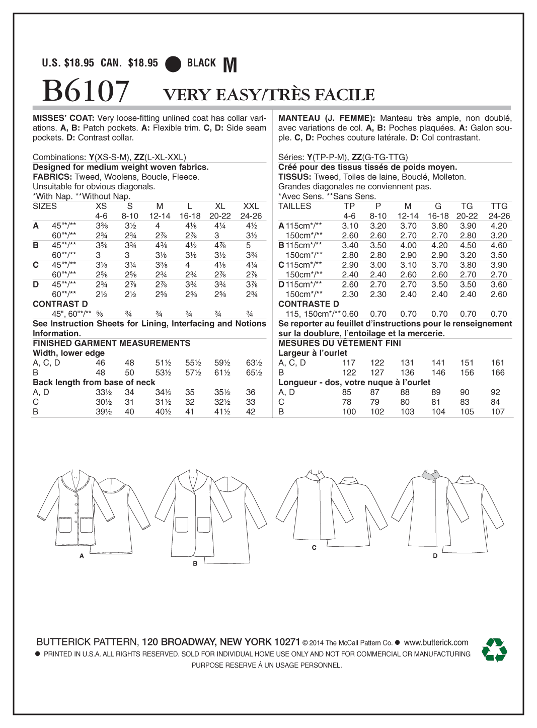 Butterick Sewing Pattern B6107 Misses’ Coat - Sewdirect