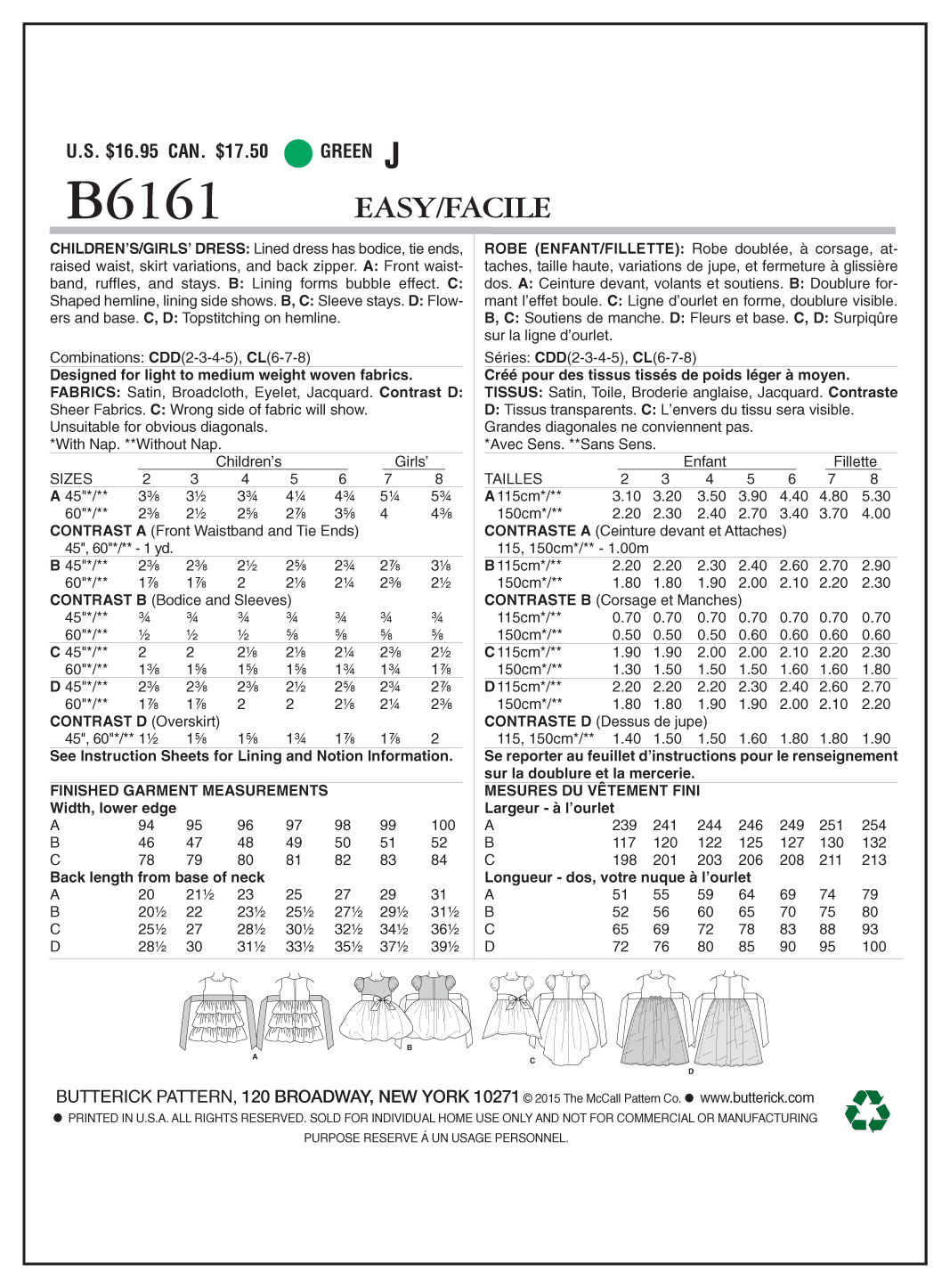 Butterick Sewing Pattern B6161 Children’s/Girls’ Dress - Sewdirect