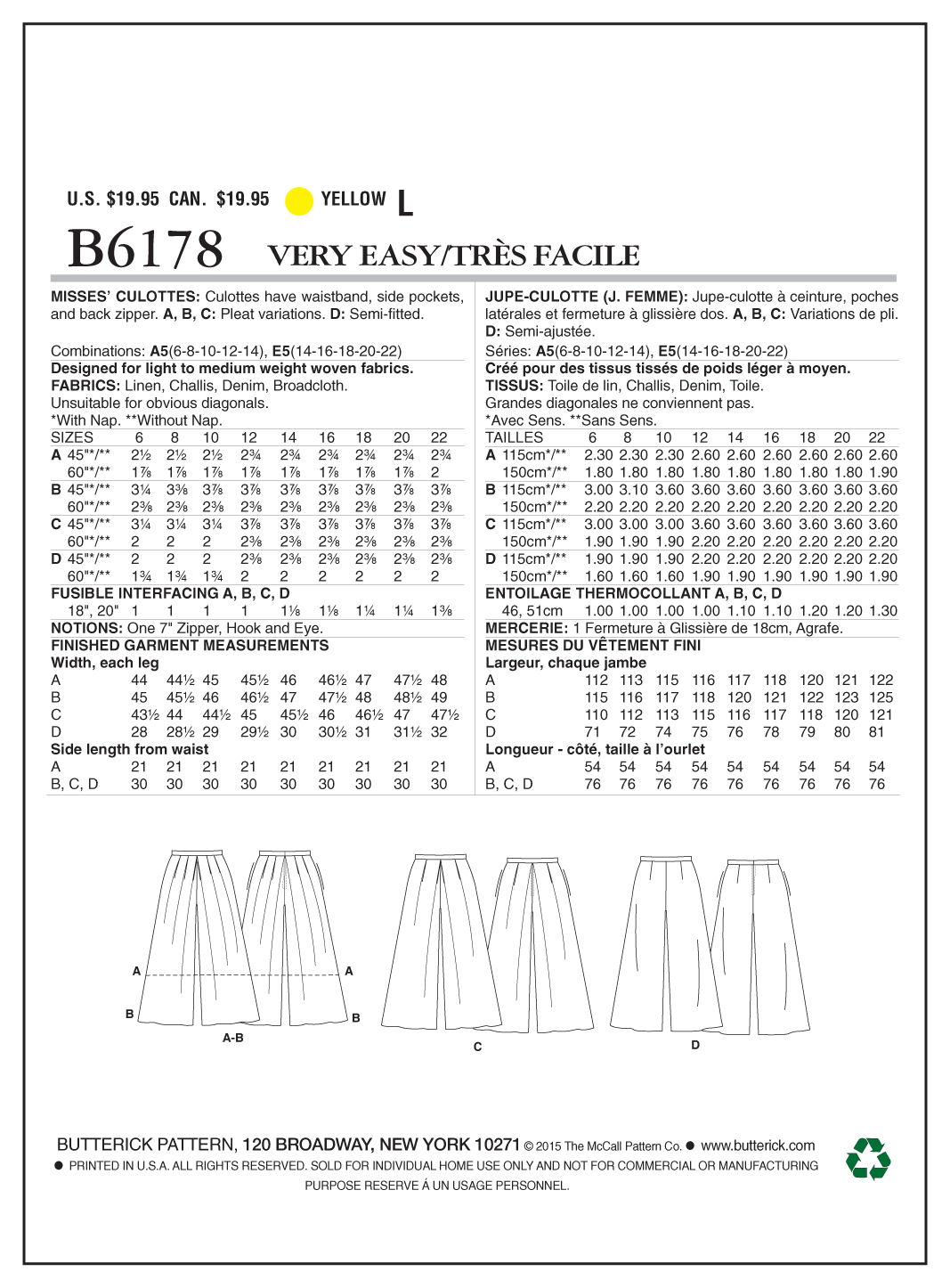 Butterick Sewing Pattern B6178 Misses’ Culottes - Sewdirect