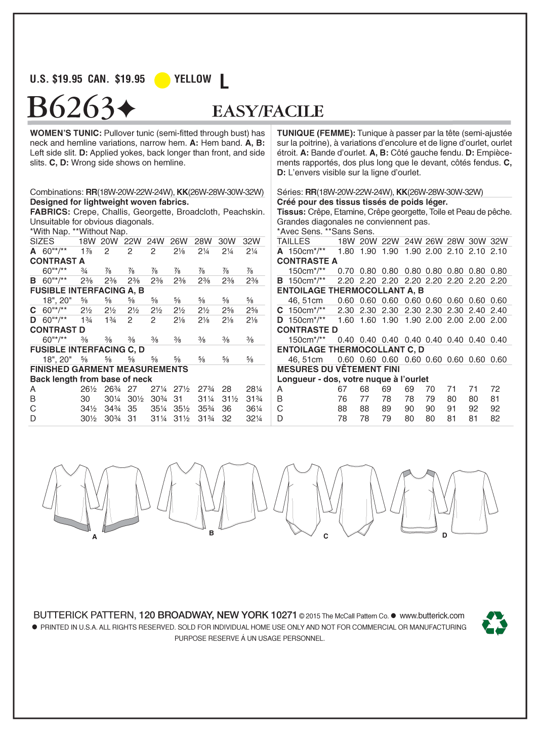 Butterick Sewing Pattern B6263 Women’s Tunic - Sewdirect