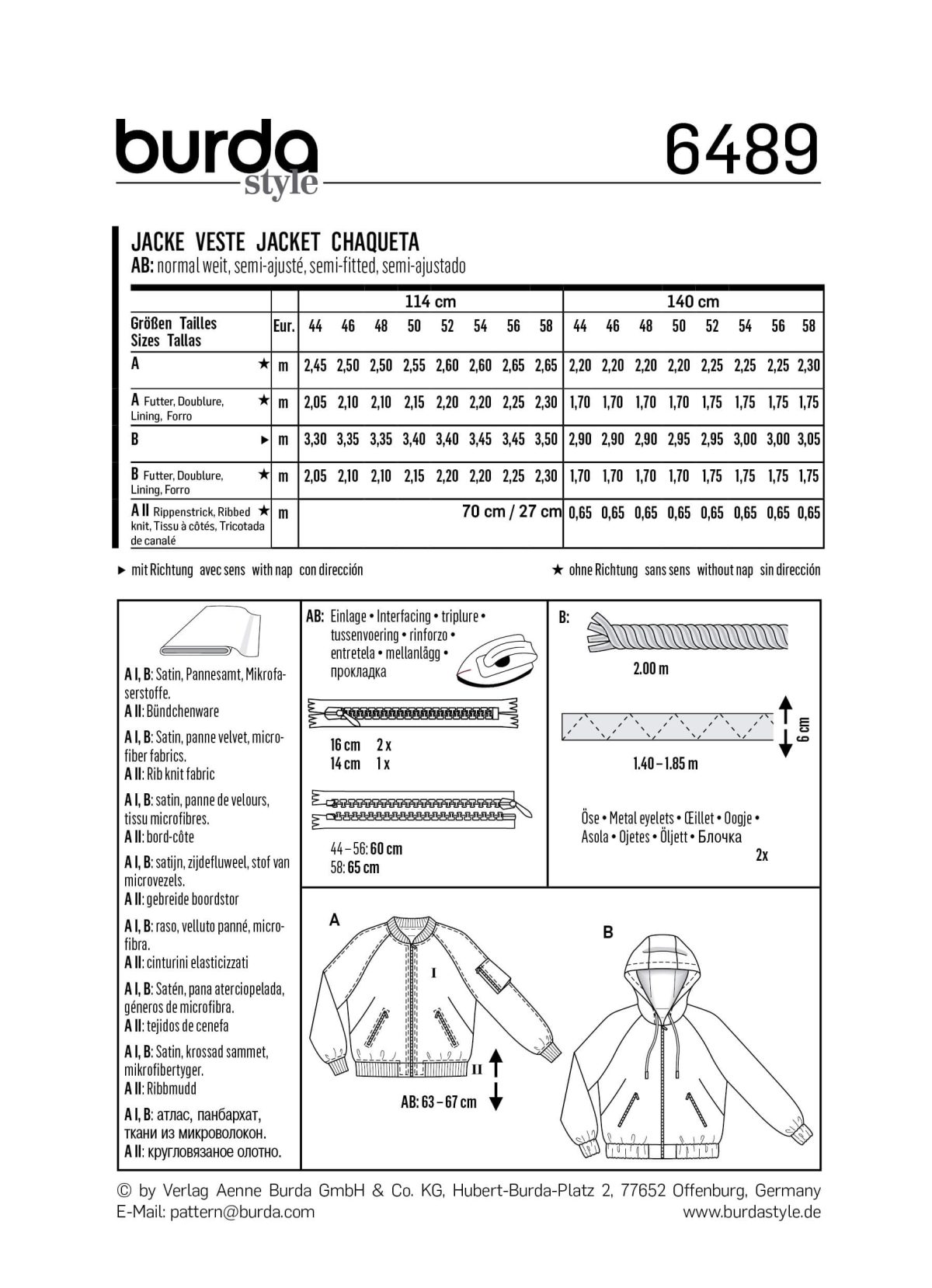 Burda Style Pattern B6489 Women’s Hooded Jacket - Sewdirect