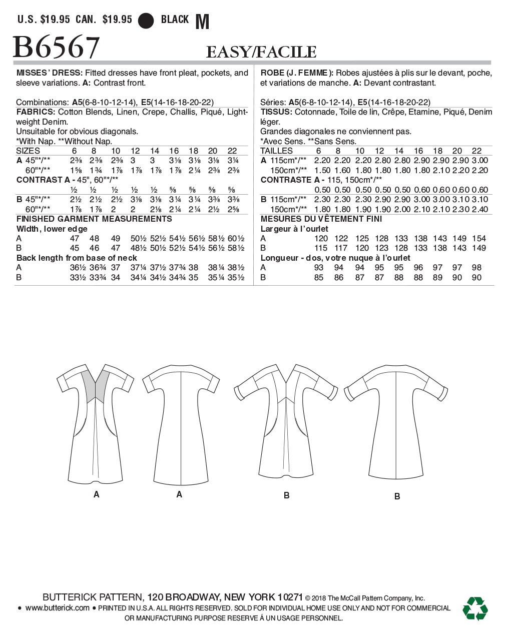 Butterick Sewing Pattern B6567 Lisette Misses’ Dress - Sewdirect