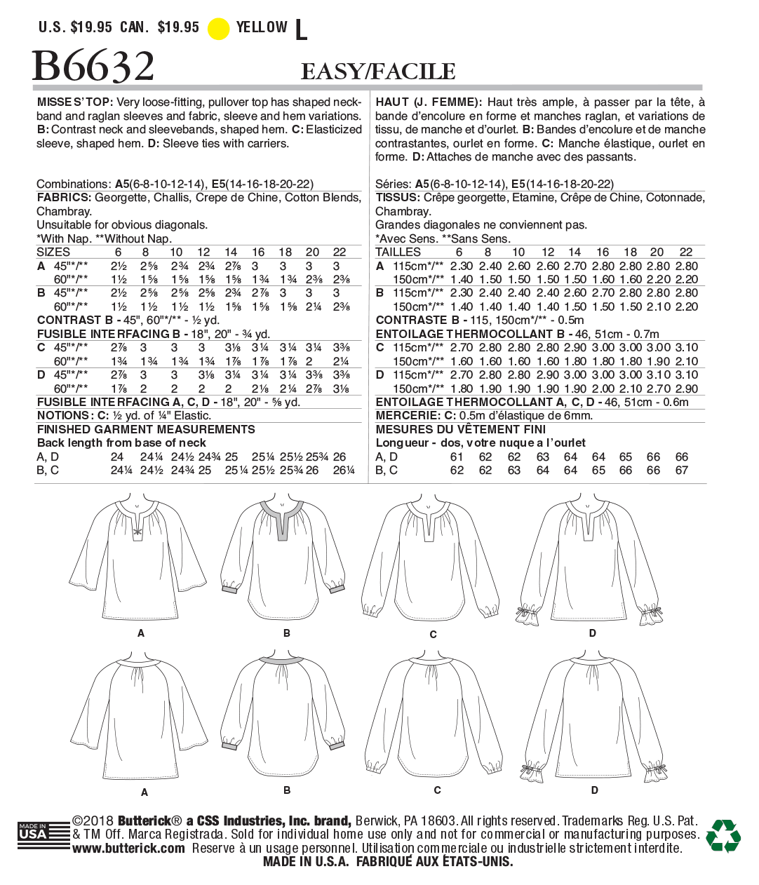 Butterick Sewing Pattern B6632 Misses’ Top - Sewdirect