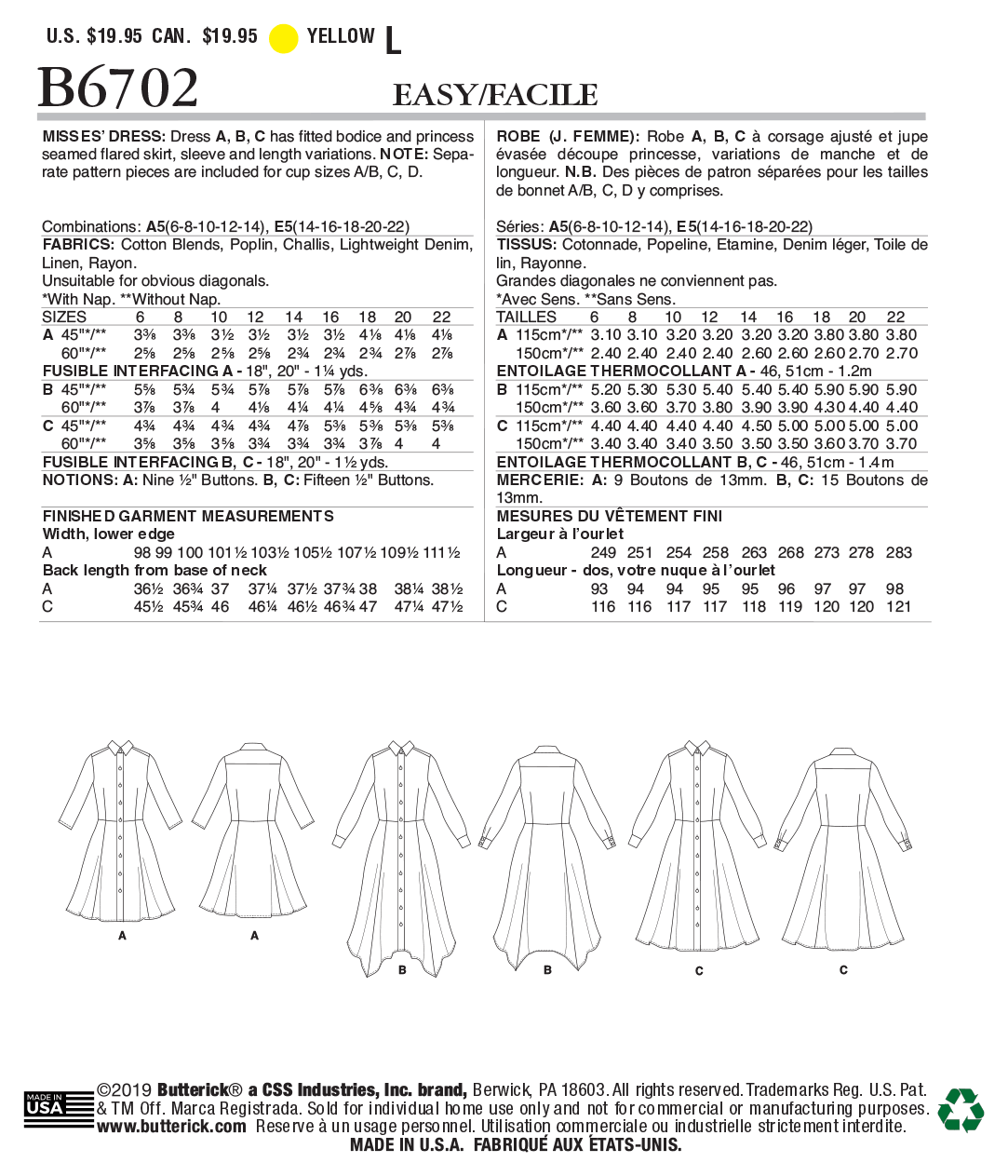Butterick Sewing Pattern B6702 Misses’ Dress - Sewdirect