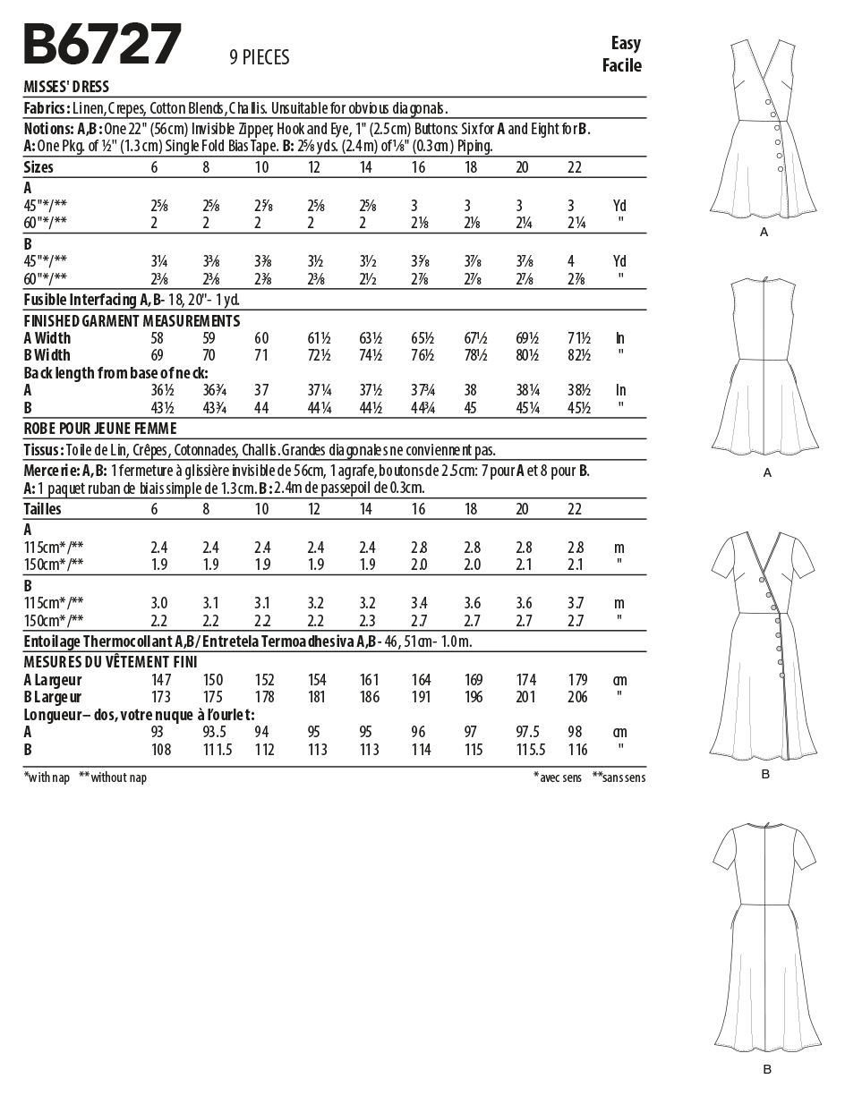 Butterick Sewing Pattern B6727 Misses’ Dresses - Sewdirect