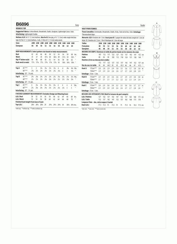 Butterick Sewing Pattern B6896 Women’s Top - Sewdirect