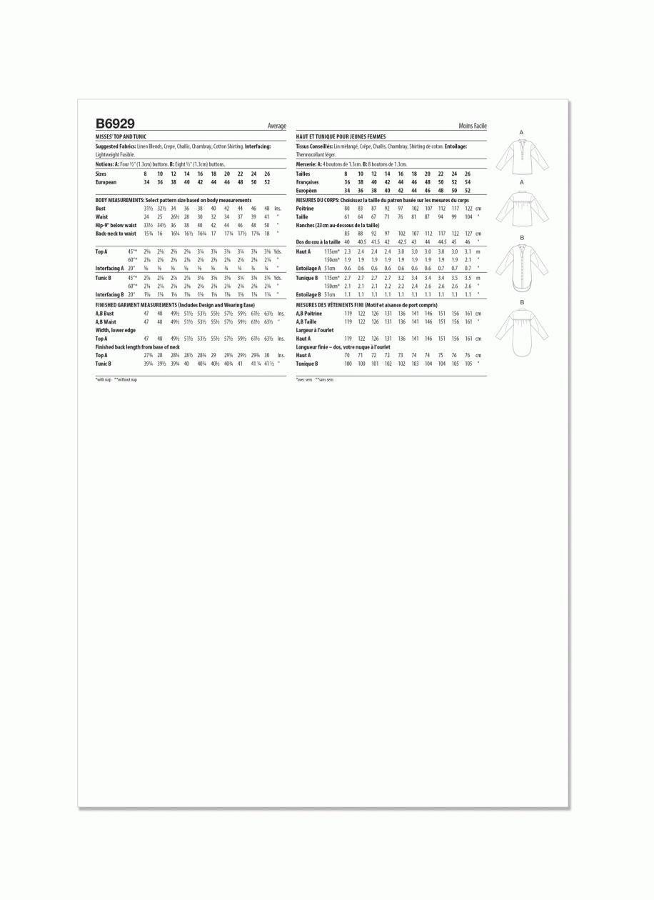 Butterick Sewing Pattern B6929 Misses’ Top and Tunic - Sewdirect