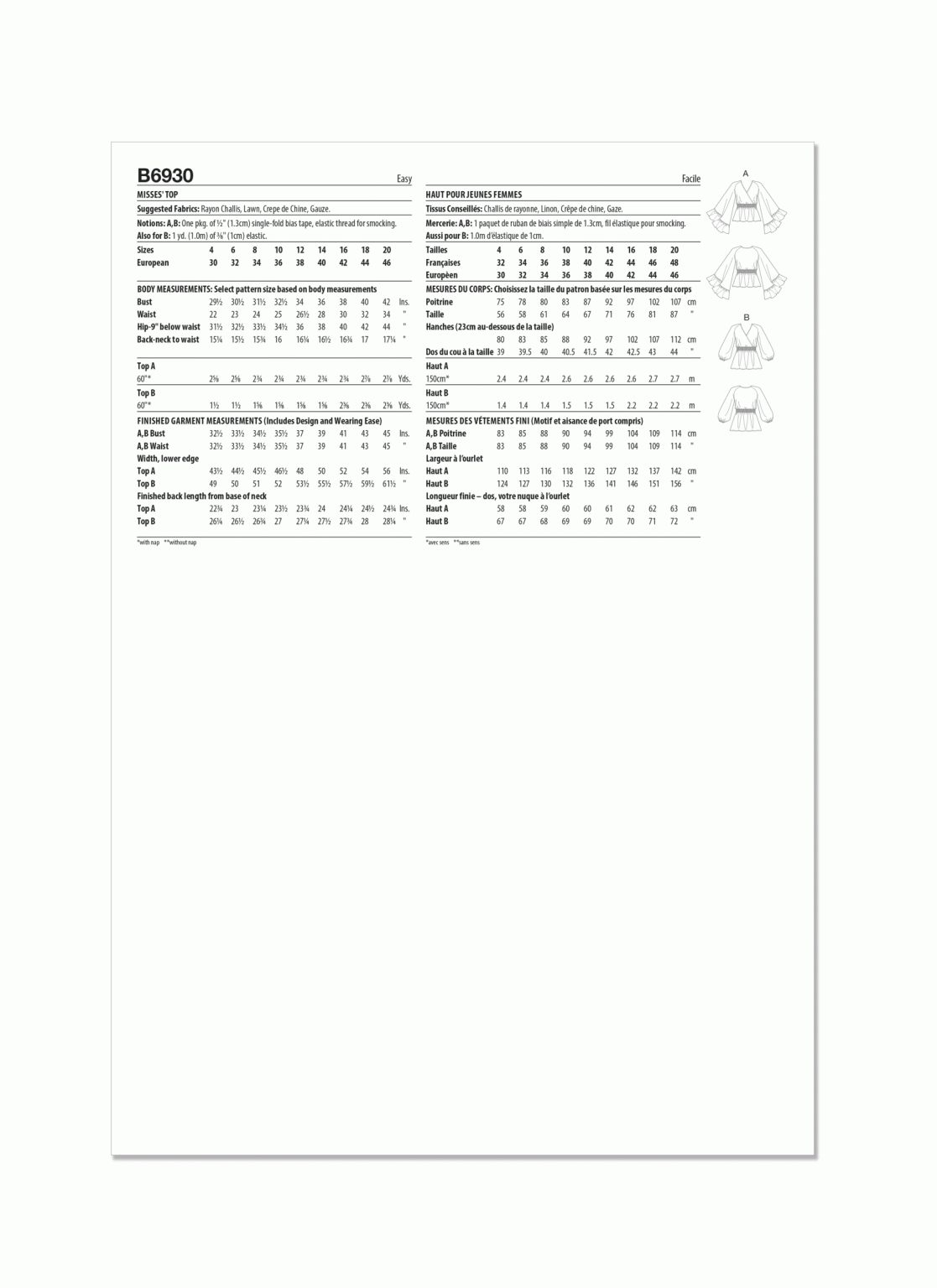 Butterick Sewing Pattern B6930 Misses’ Top - Sewdirect