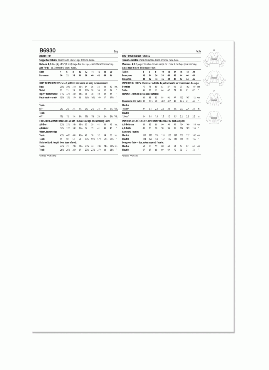 Butterick Sewing Pattern B6930 Misses’ Top - Sewdirect