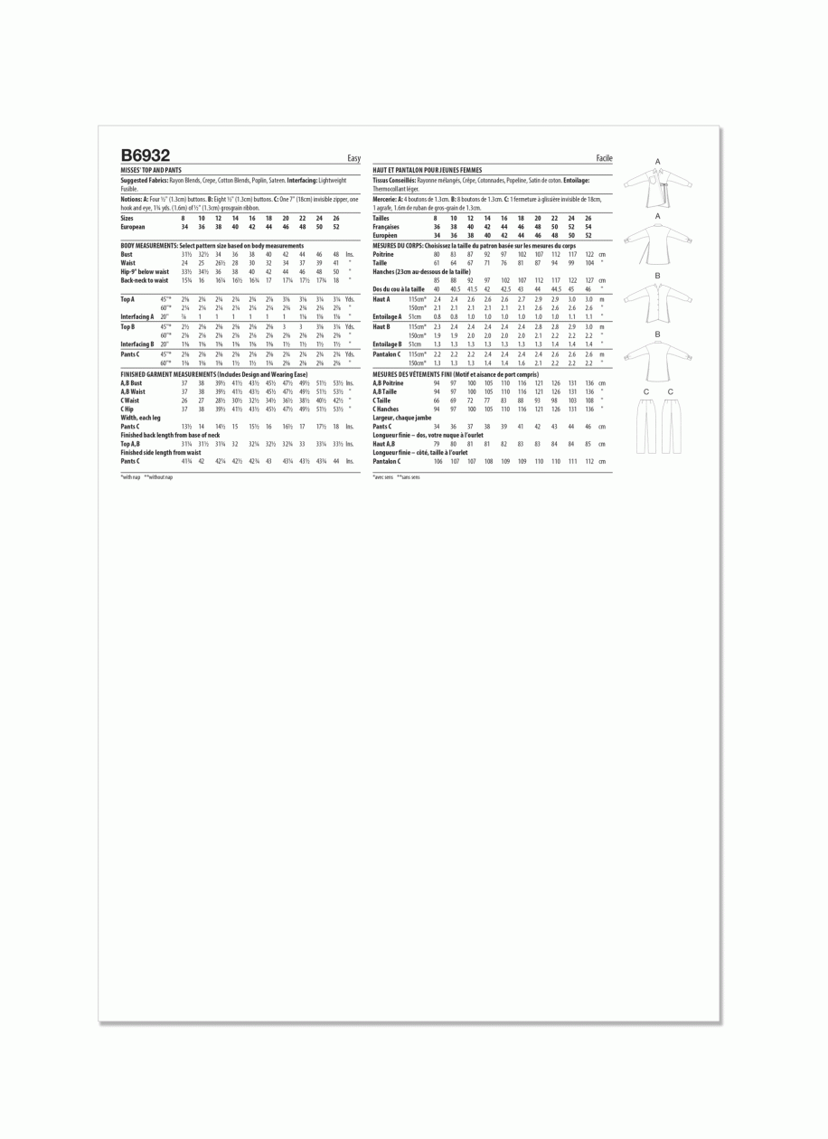 Butterick Sewing Pattern B6932 Misses’ Top and Trousers - Sewdirect