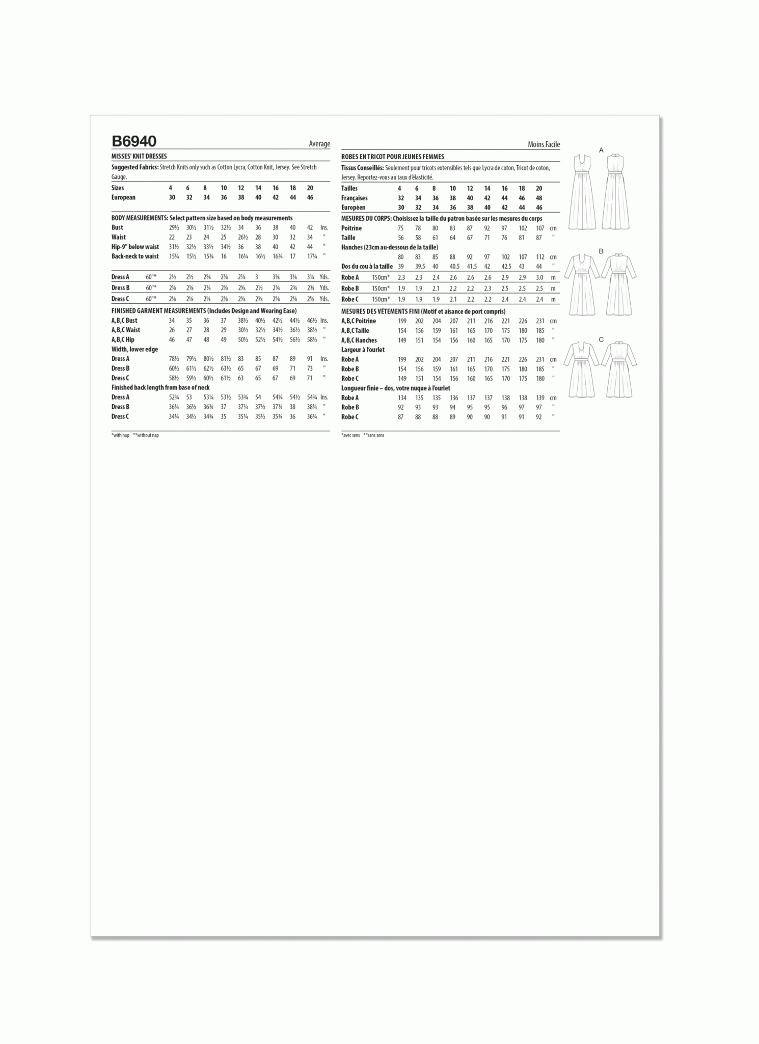 Butterick Sewing Pattern B6940 Misses’ Knit Dresses by Palmer/Pletsch ...