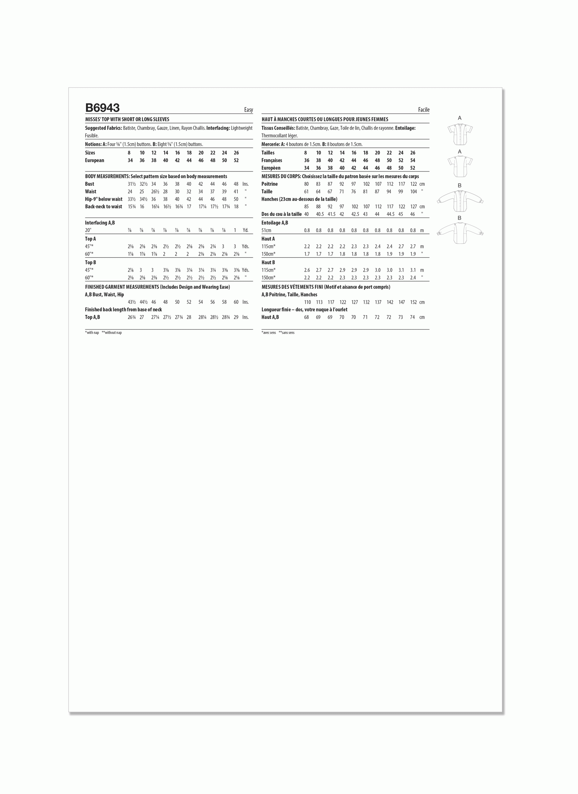 Butterick Sewing Pattern B6943 Misses’ Top with Short or Long Sleeves ...