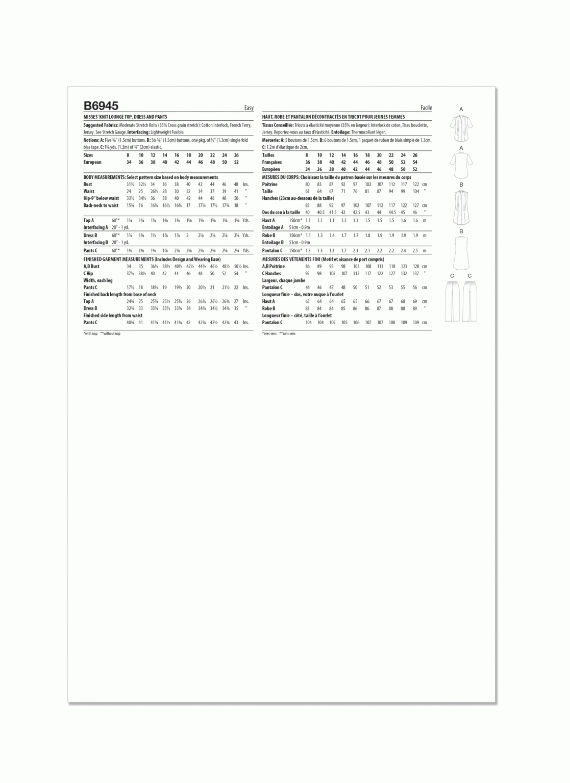 Butterick Sewing Pattern B6945 Misses’ Knit Lounge Top, Dress and ...