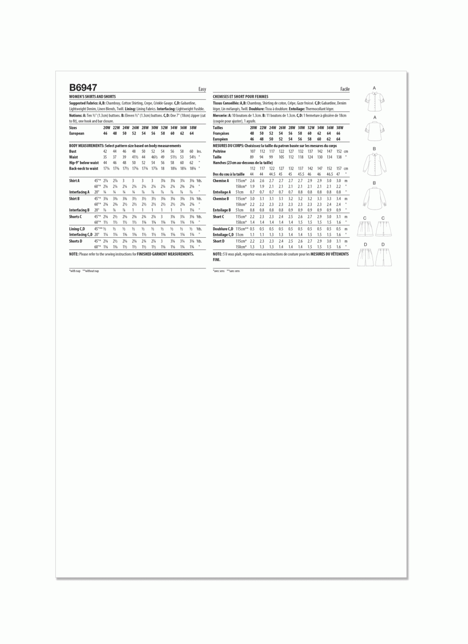 Butterick Sewing Pattern B6947 Women’s Shirts and Shorts - Sewdirect