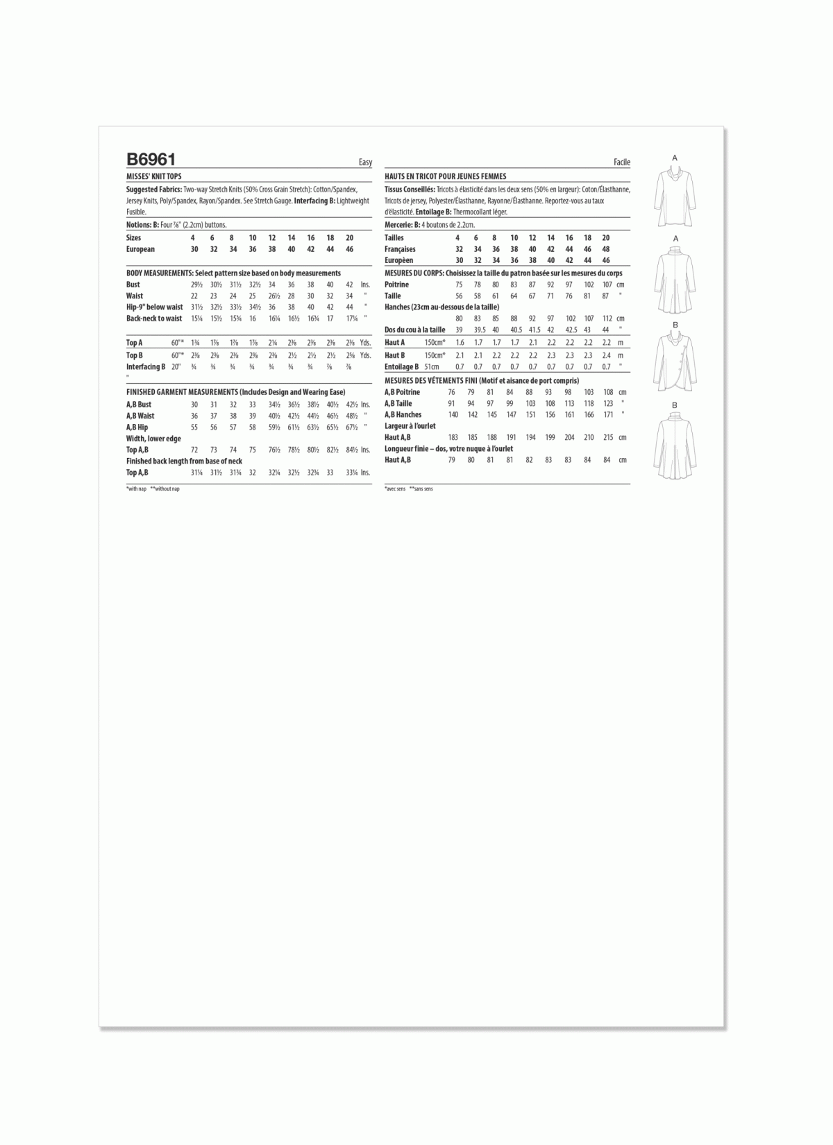 Butterick Sewing Pattern B6961 Misses’ Knit Tops - Sewdirect