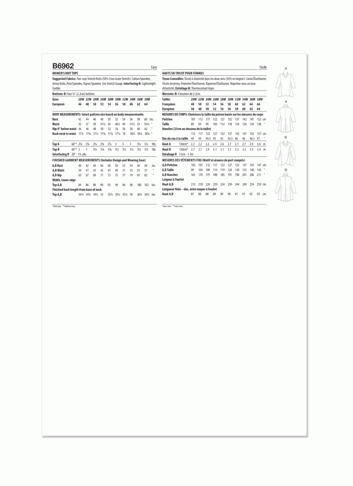 Butterick Sewing Pattern B6962 Women’s Knit Tops - Sewdirect