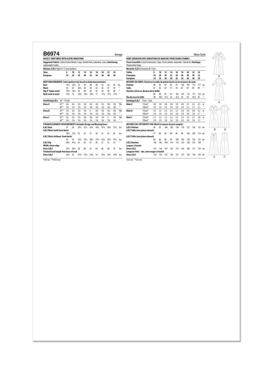 Butterick Sewing Pattern B6974 Misses’ Shirt Dress with Sleeve ...