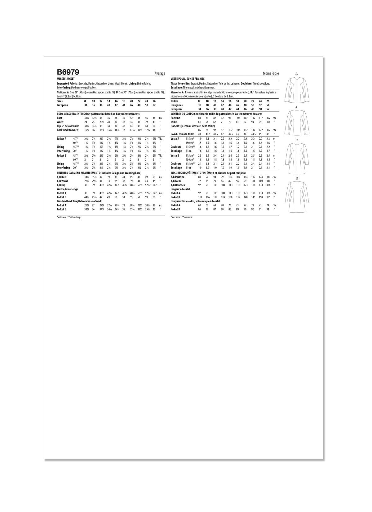 Butterick Sewing Pattern B6979 Misses’ Jacket - Sewdirect