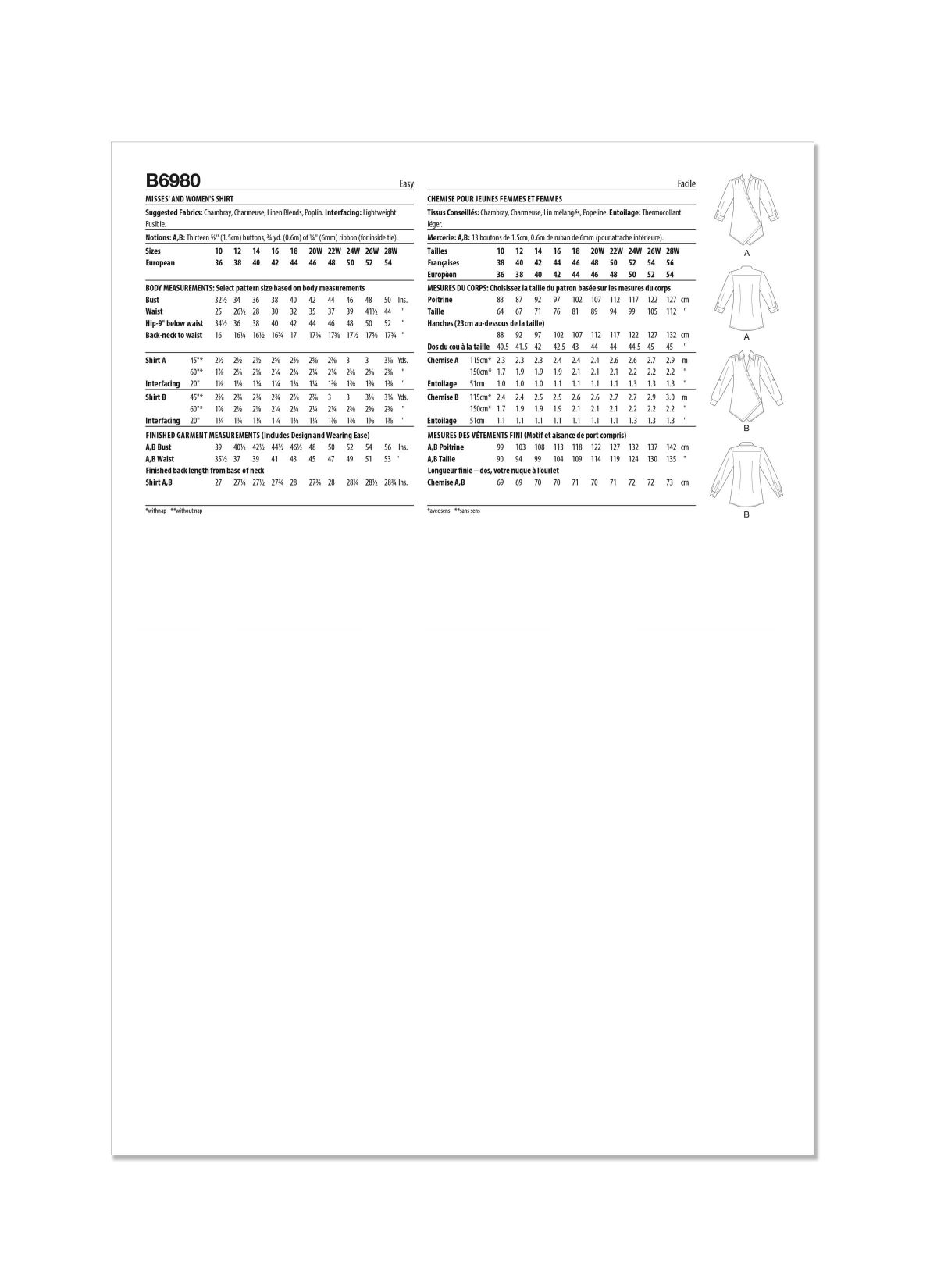 Butterick Sewing Pattern B6980 Misses’ and Women’s Shirt - Sewdirect