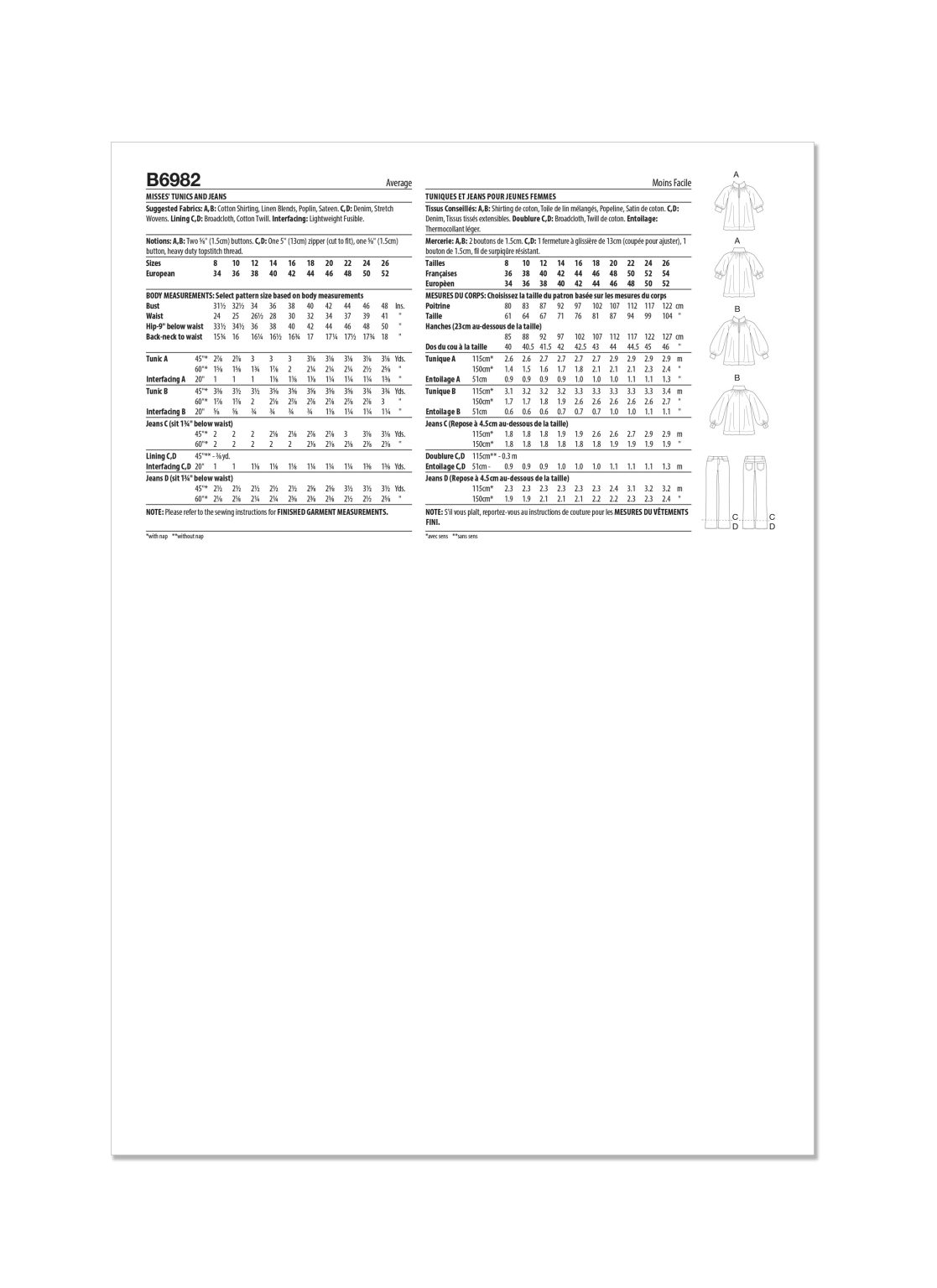 Butterick Sewing Pattern B6982 Misses’ Tunics and Jeans - Sewdirect