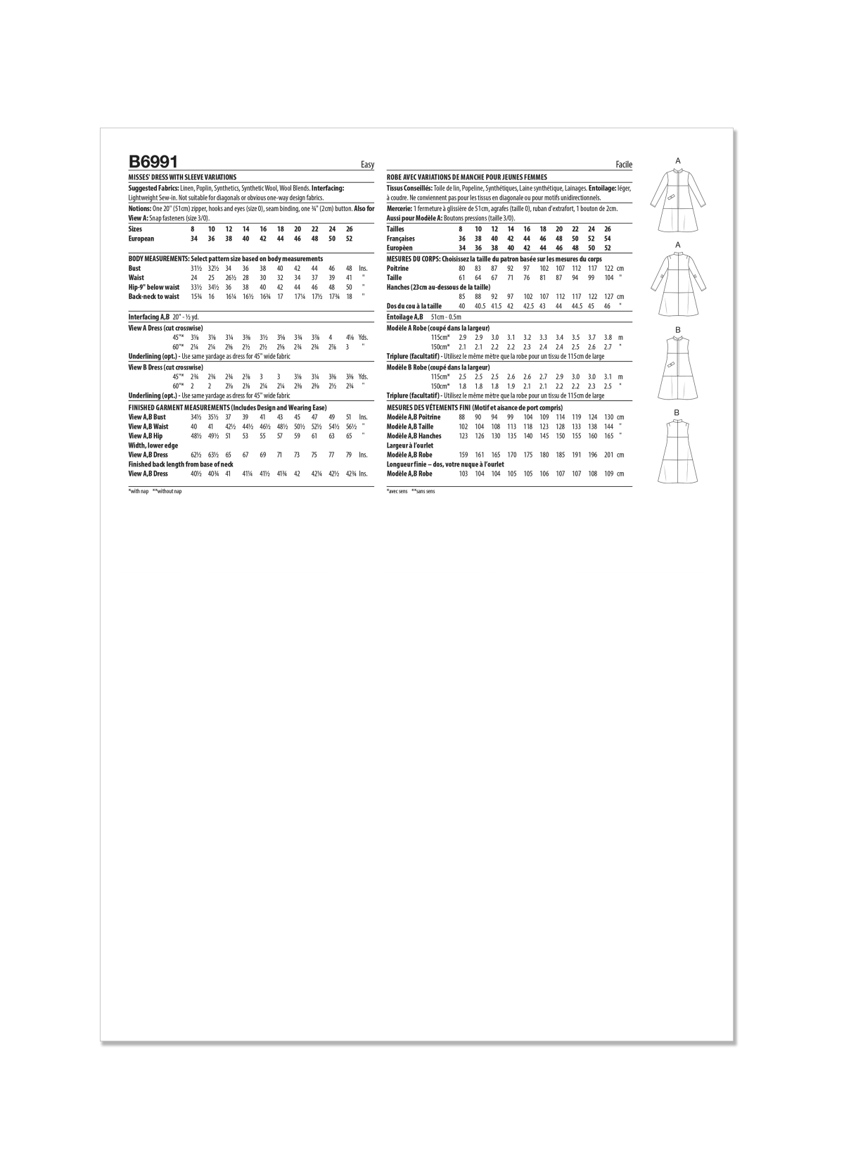 Butterick Sewing Pattern B6991 Misses’ Dress with Sleeve Variations ...