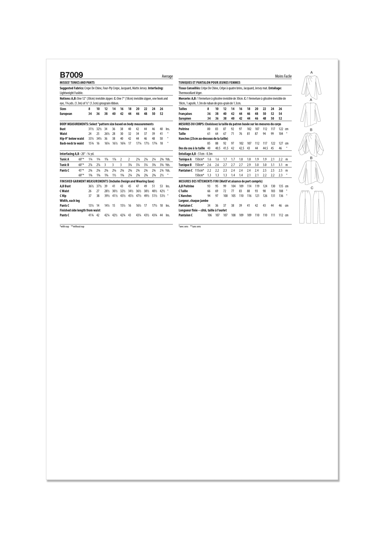 Butterick Sewing Pattern B7009 Misses’ Tunics and Trousers - Sewdirect