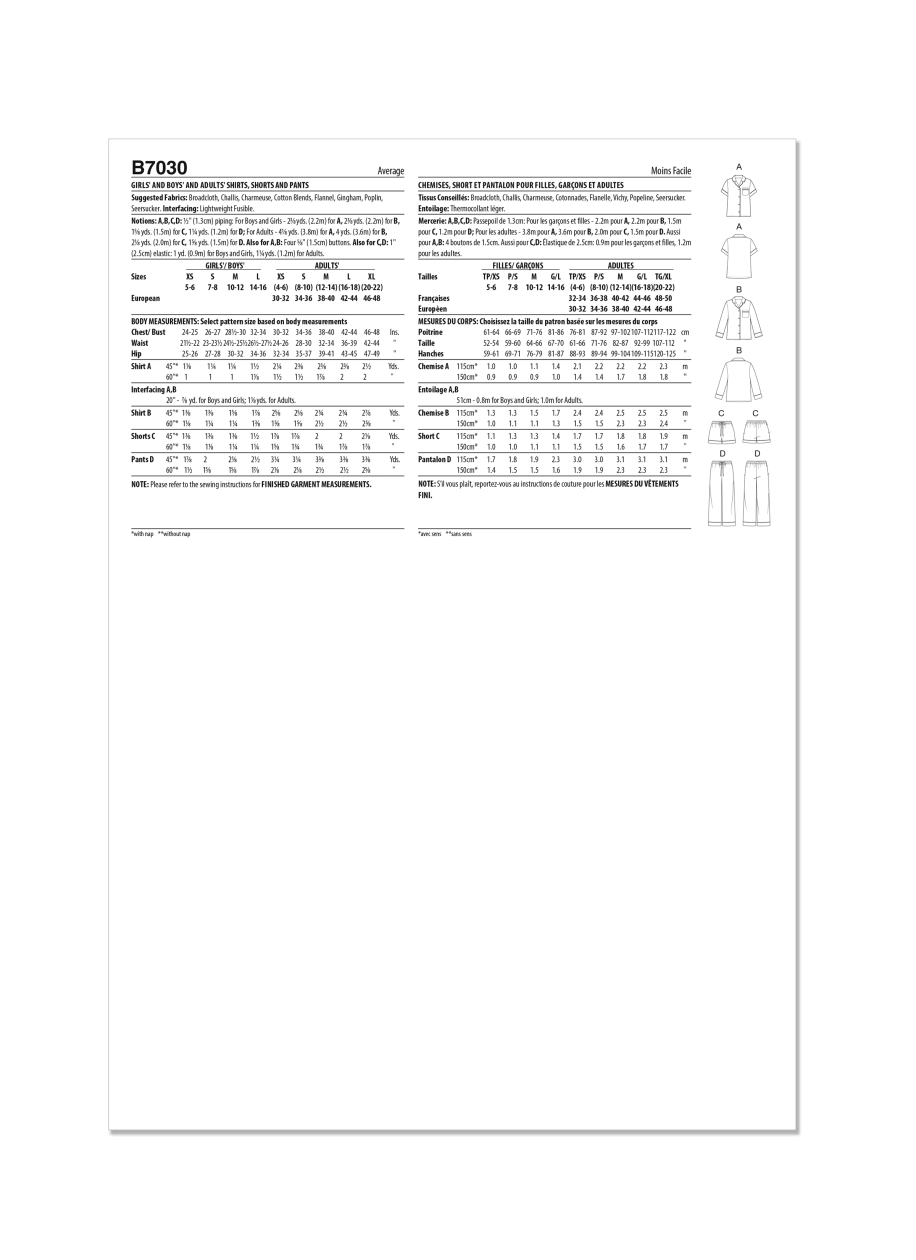 Butterick Sewing Pattern B7030 Girls’ and Boys’ and Adults’ Shirts ...