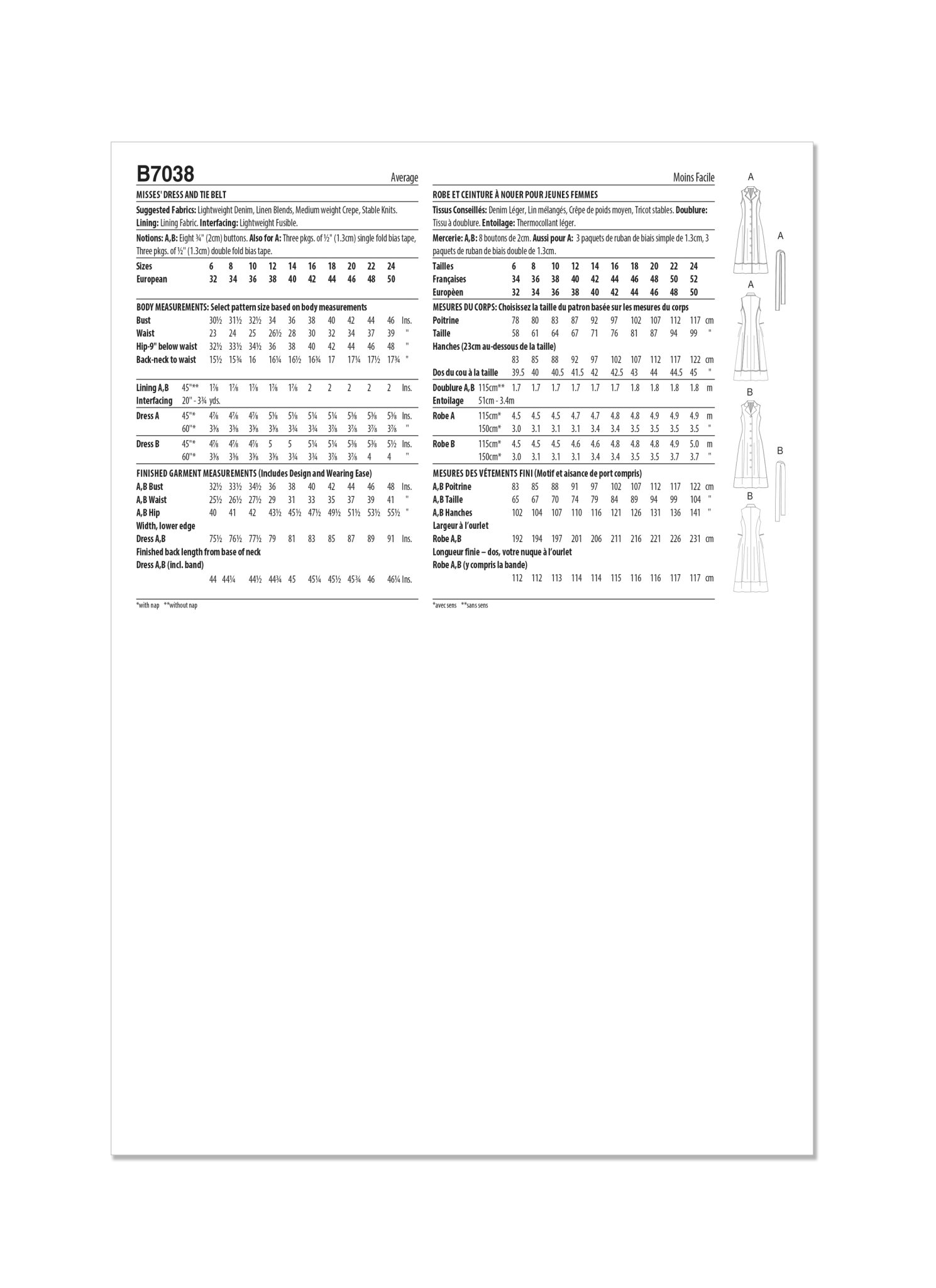 Butterick Sewing Pattern B7038 Misses’ Shirt Dress and Tie Belt - Sewdirect