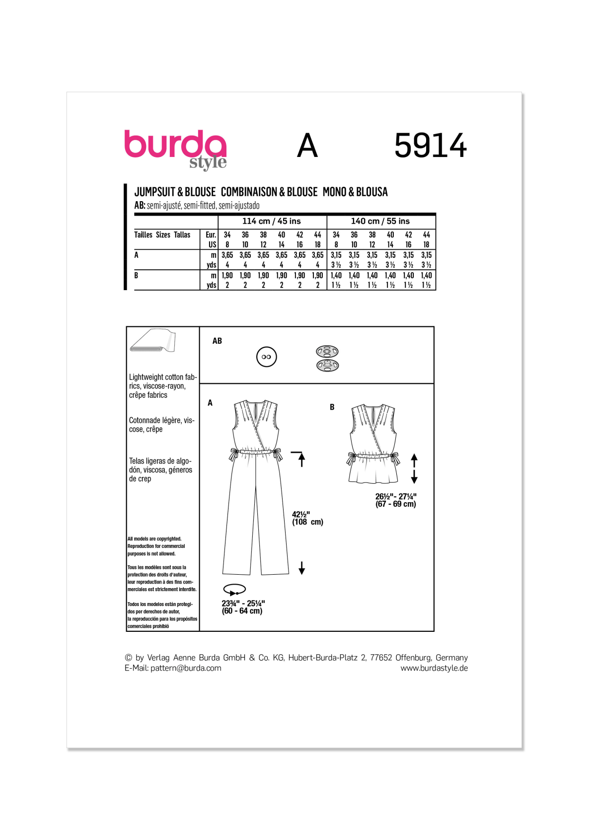 Burda Style Pattern B5914 Misses’ Jumpsuit and Top - Sewdirect