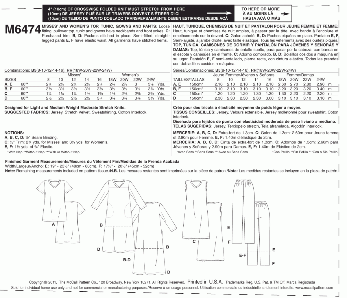 McCall’s Sewing Pattern M6474 Misses’/Women’s Top, Tunic, Gowns and ...