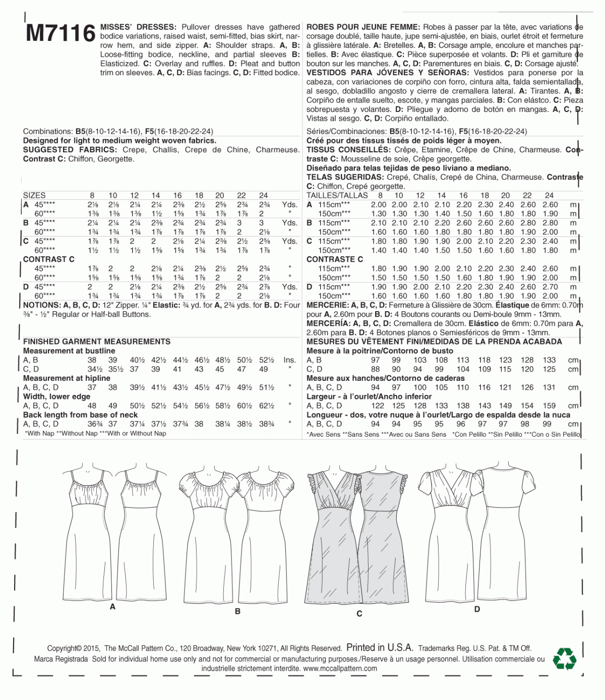 McCall’s Sewing Pattern M7116 Misses’ Dresses - Sewdirect