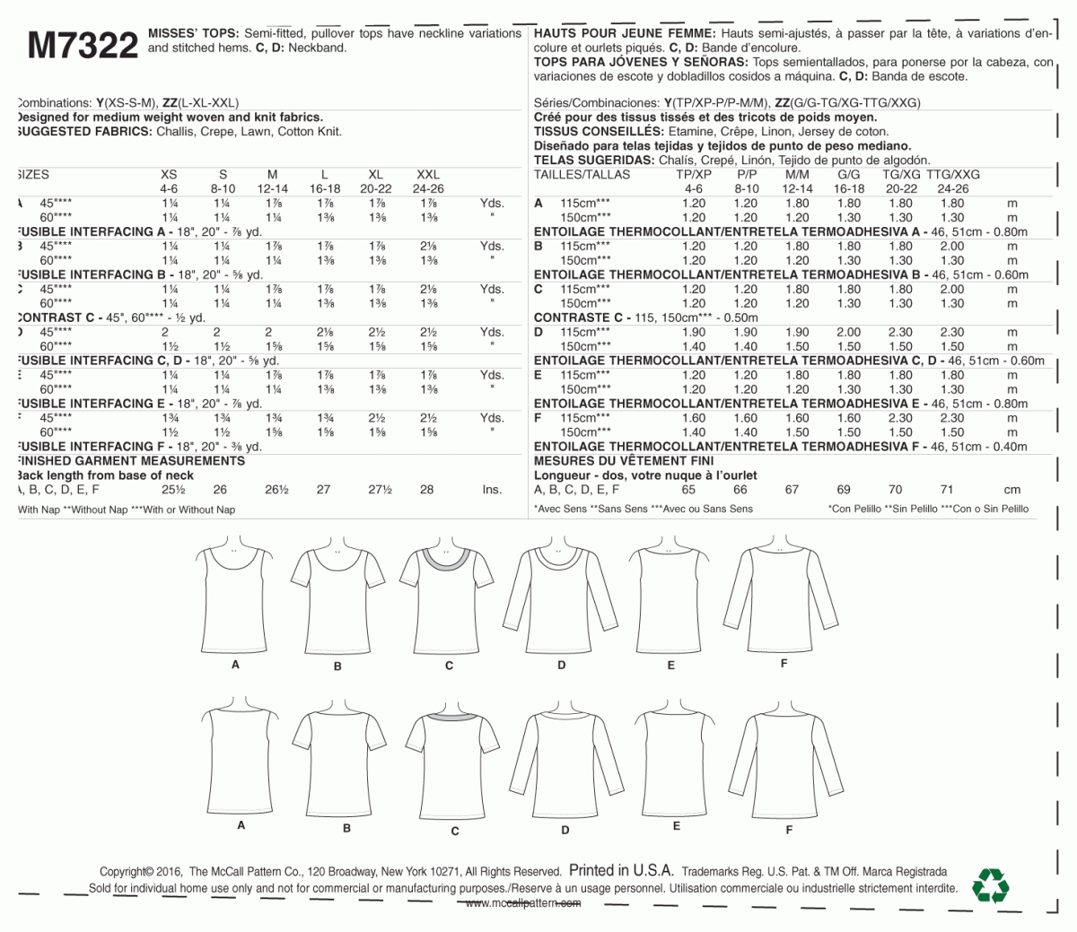 McCall’s Sewing Pattern M7322 Misses’ Pullover Tops - Sewdirect