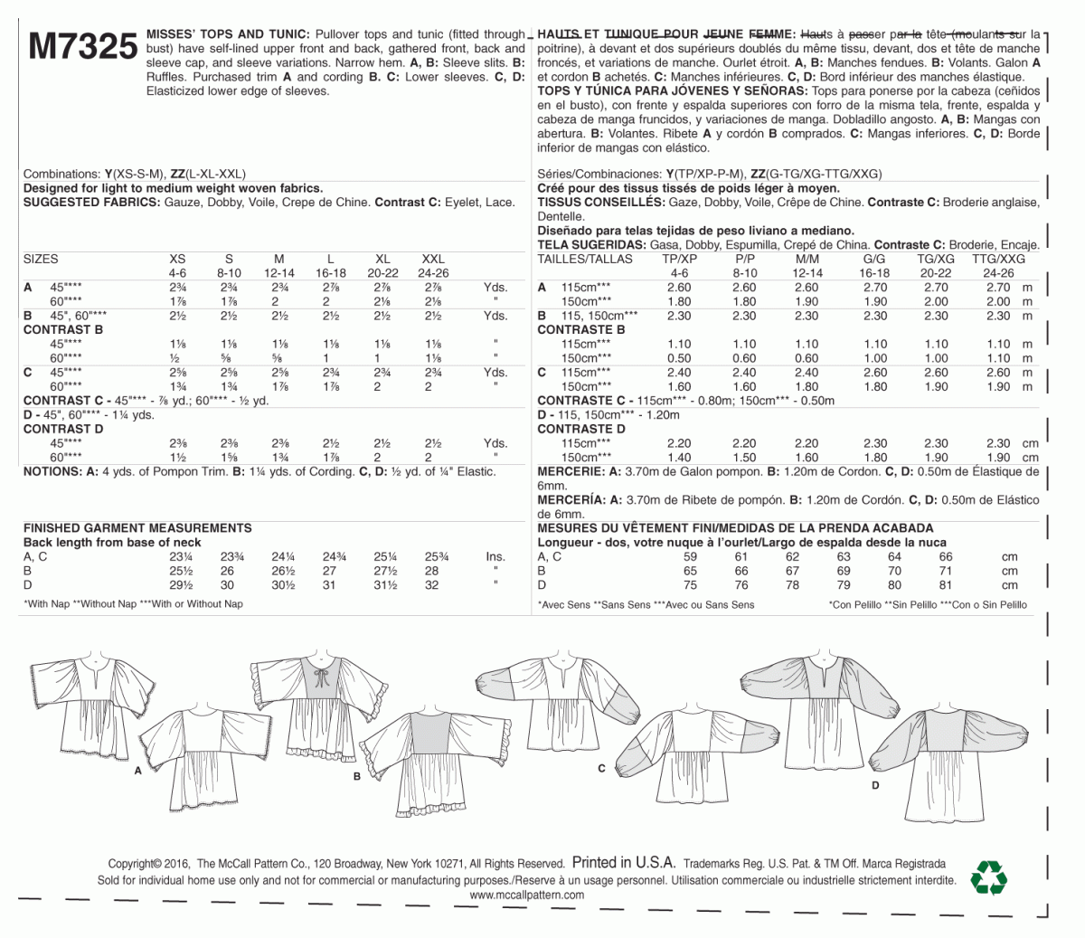McCall’s Sewing Pattern M7325 Misses’ Gathered Tops and Tunic - Sewdirect
