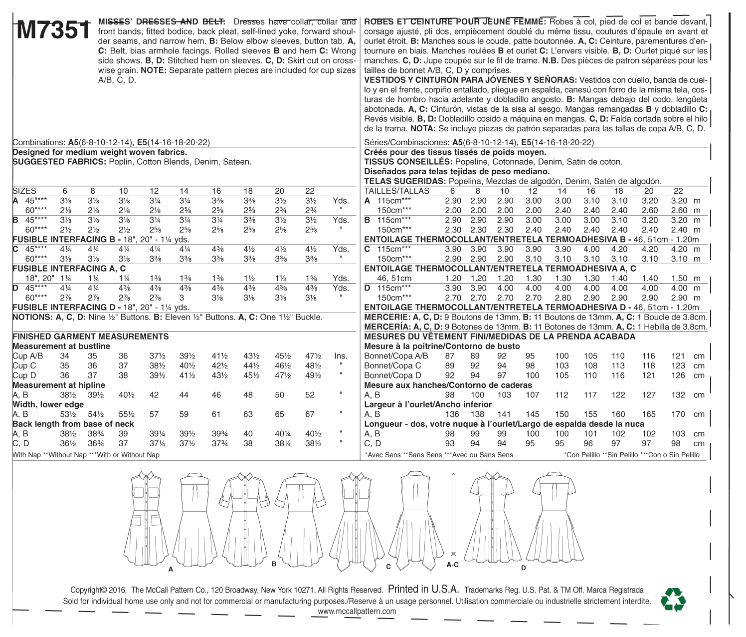 McCall’s Dress Pattern M7351 Misses’ Shirtdresses with Pockets and Belt ...
