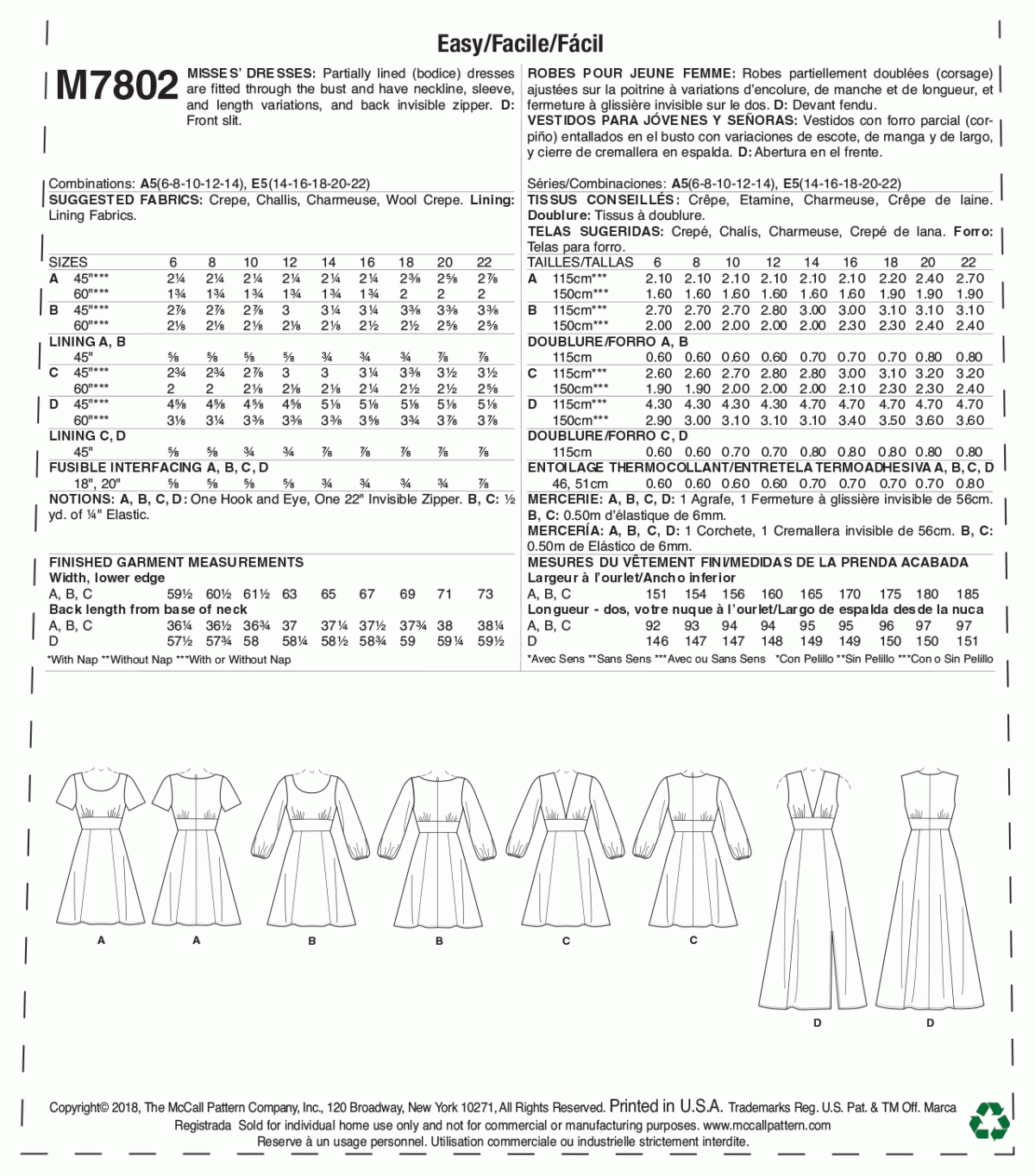 McCall’s Sewing Pattern M7802 Misses’ Dresses - Sewdirect