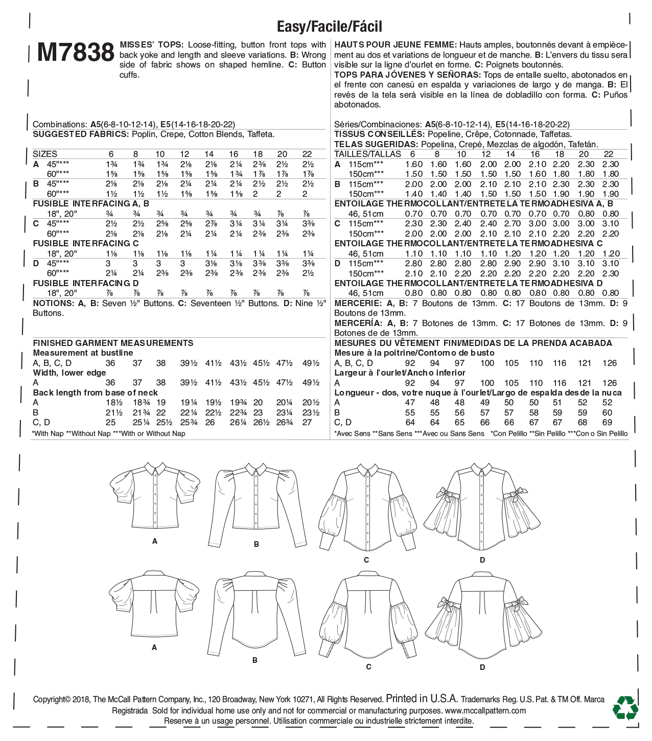McCall’s Sewing Pattern M7838 Misses’ Tops - Sewdirect