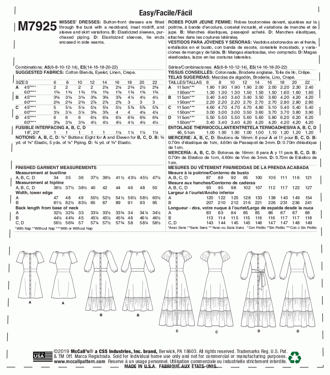 McCall’s Sewing Pattern M7925 Misses’ Dresses - Sewdirect