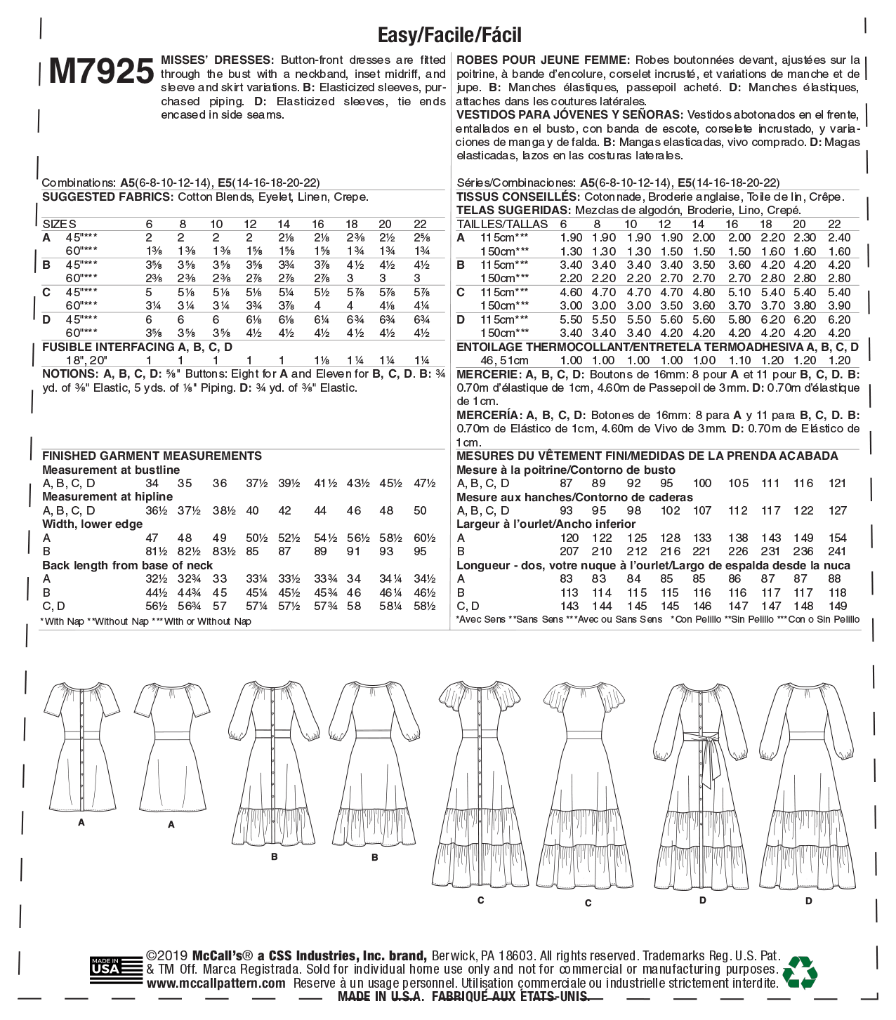 McCall’s Sewing Pattern M7925 Misses’ Dresses - Sewdirect