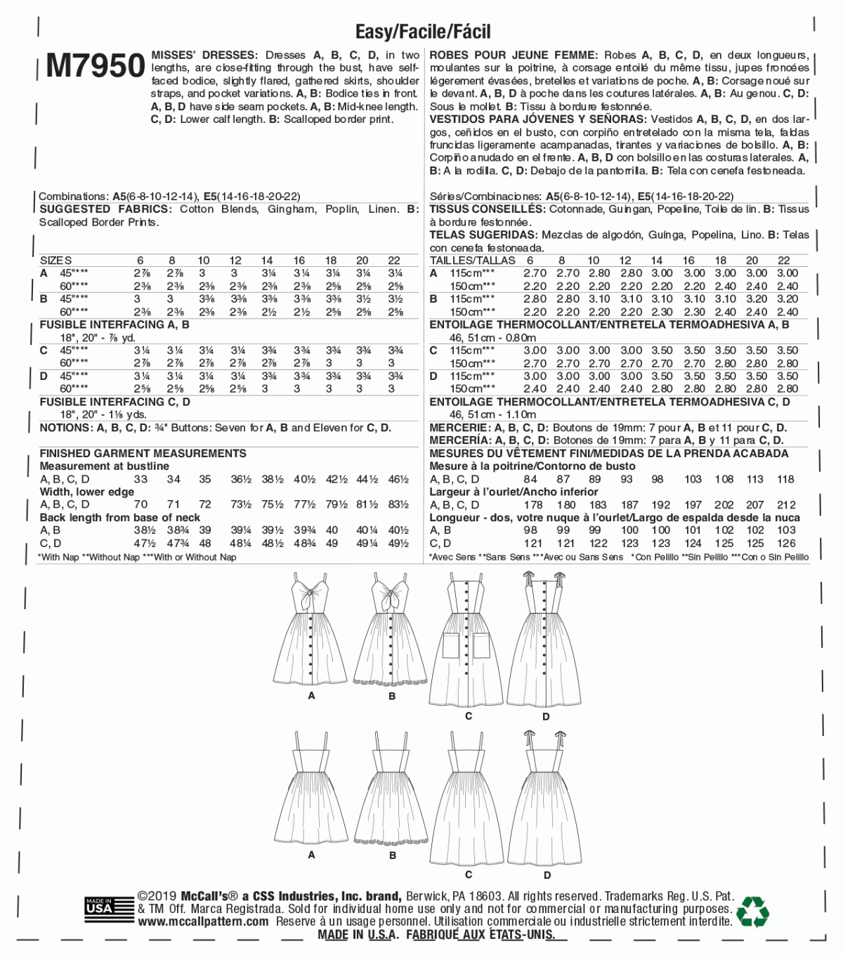 McCall’s Sewing Pattern M7950 Misses’ Dresses - Sewdirect